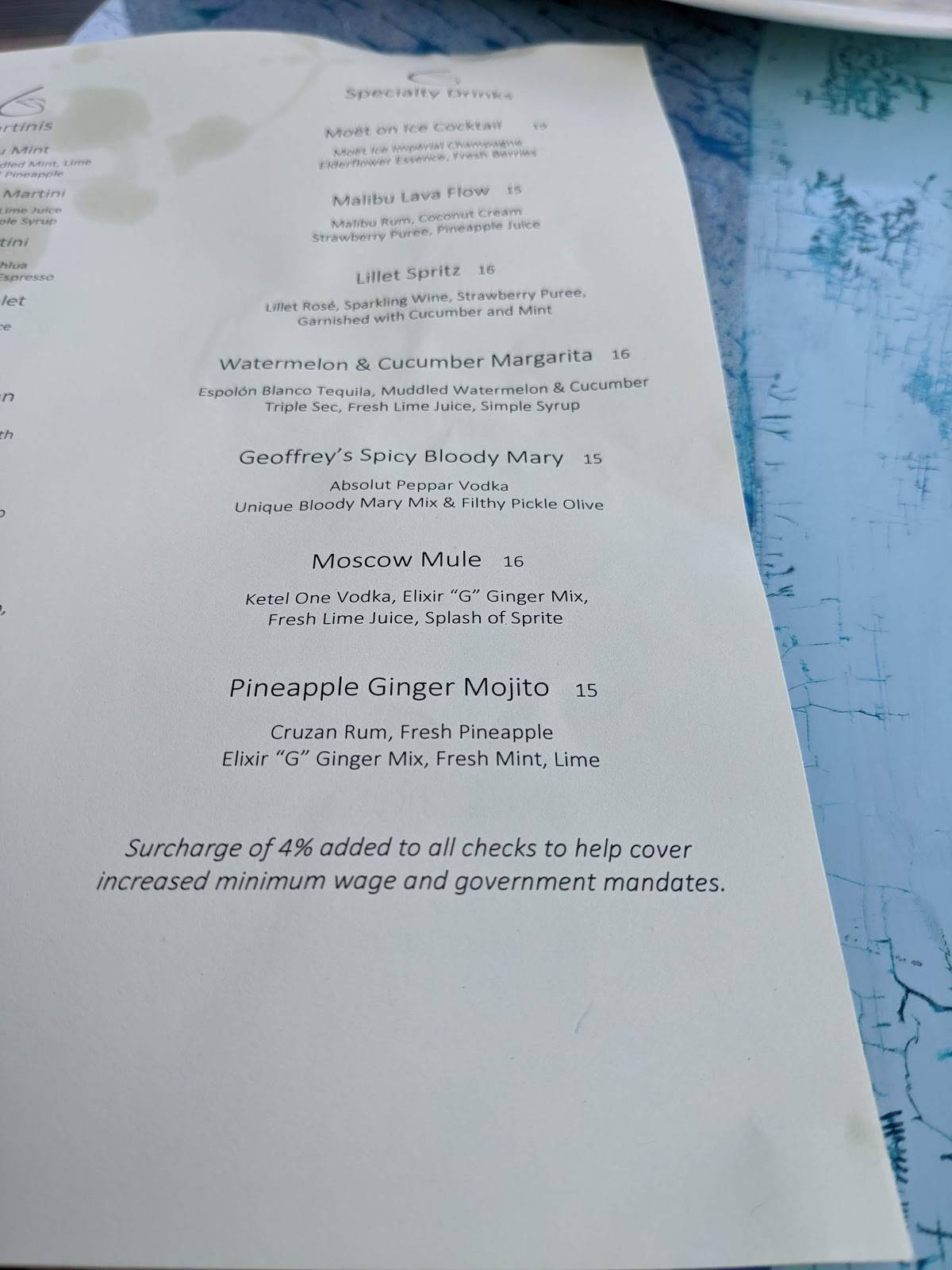 Menu at Geoffrey's restaurant, Malibu