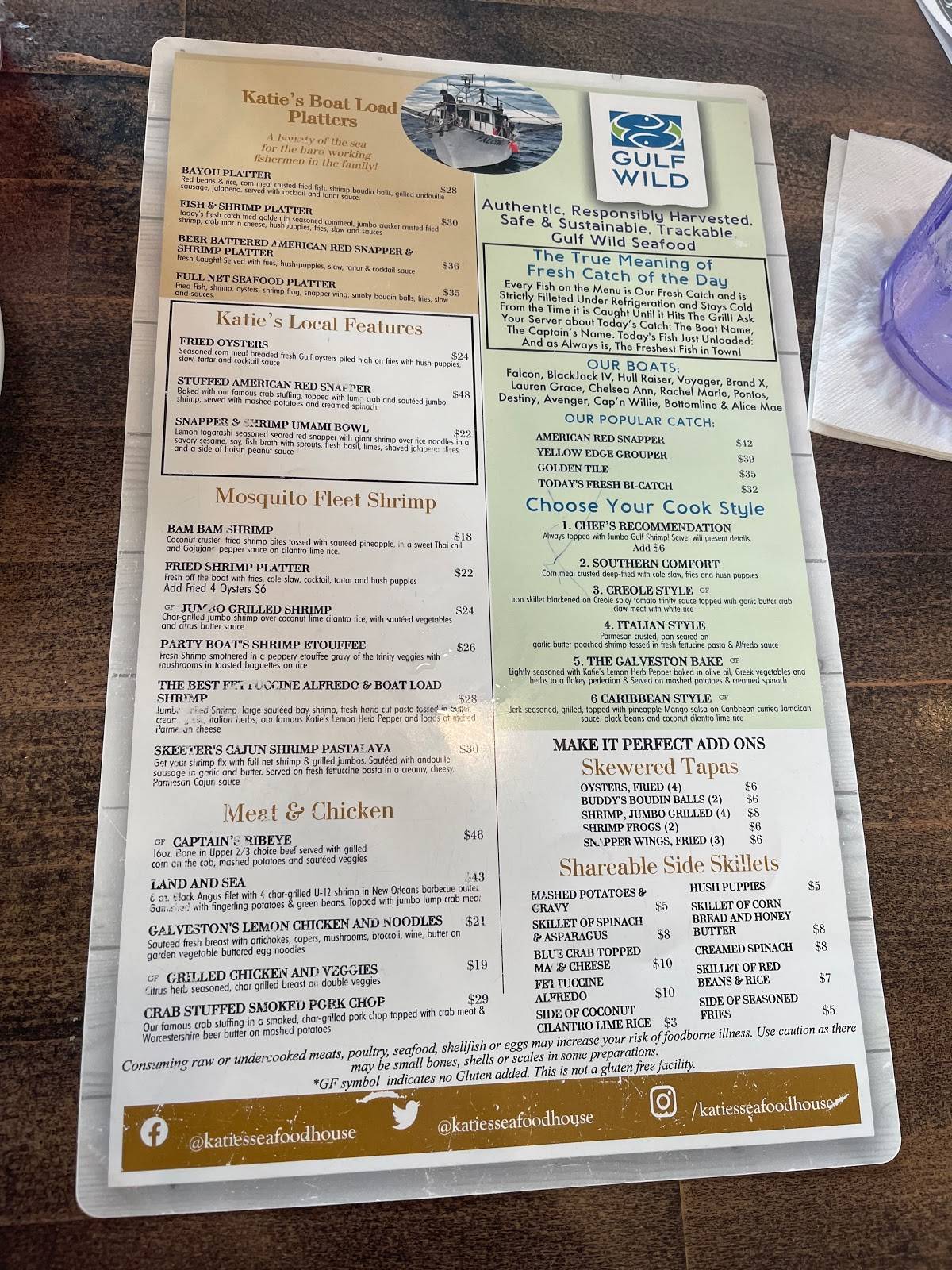 Menu at Katie's Seafood House restaurant, Galveston