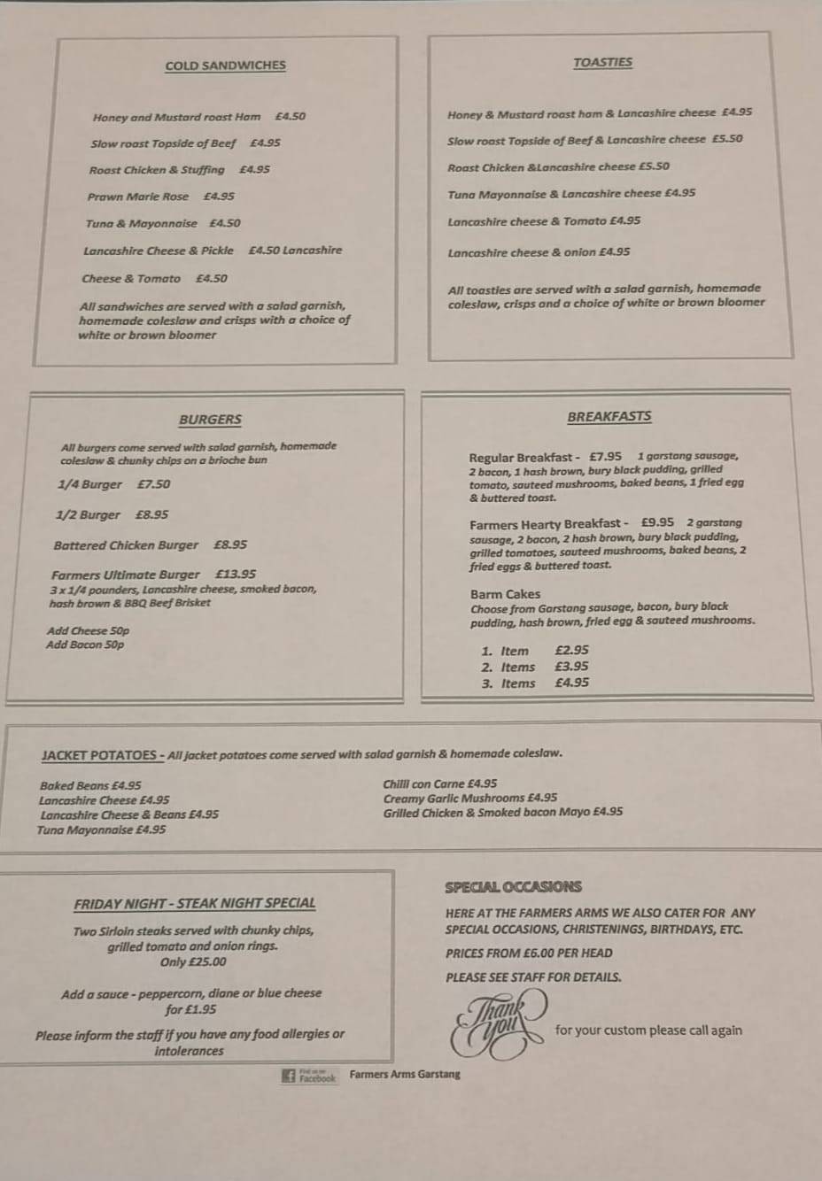 Menu at Farmers Arms pub & bar, Garstang