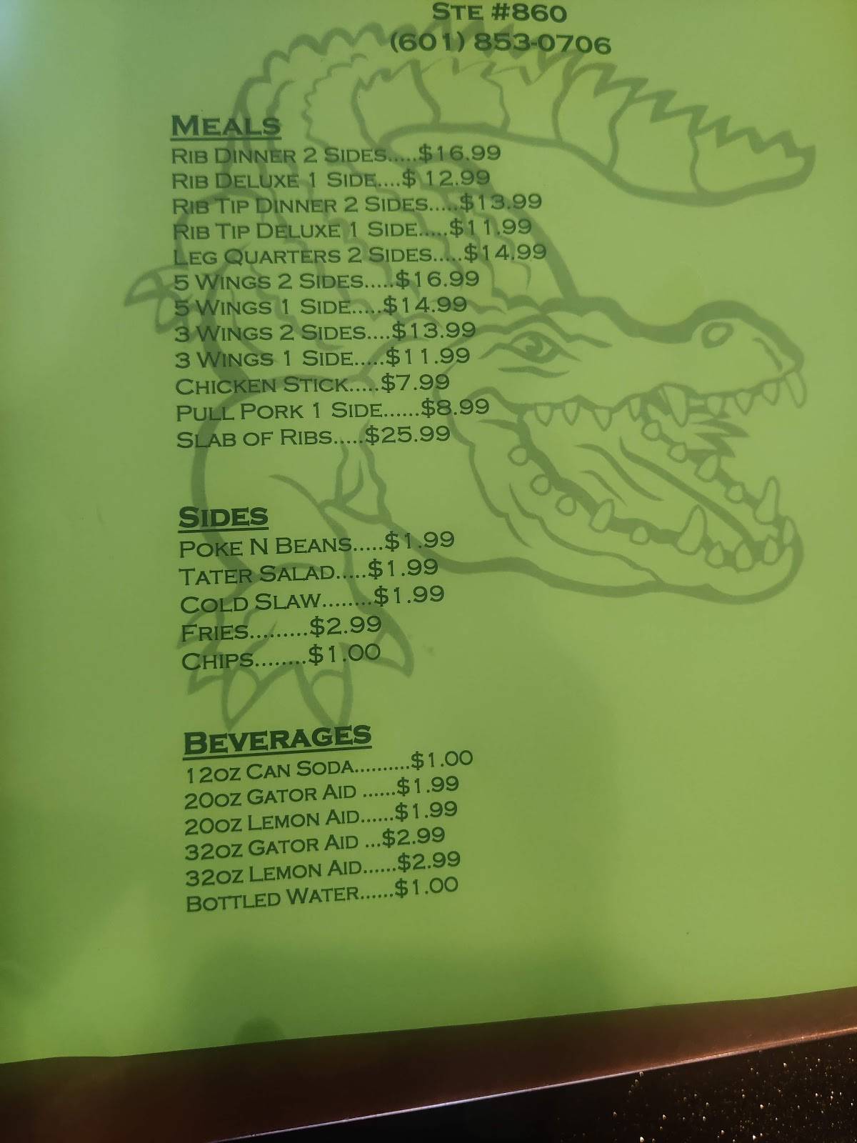 Menu at Gator Jr's Major League BBQ, Jackson, 119 Colony Crossing Way #860
