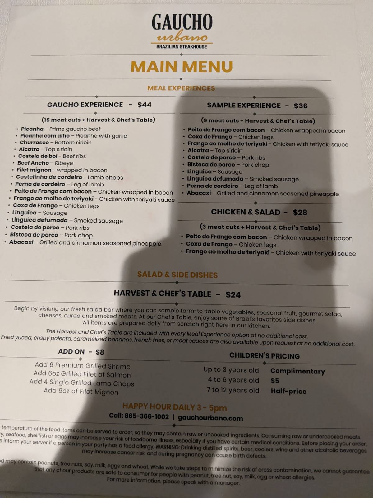 Menu at Gaucho Urbano - Brazilian Steakhouse, Pigeon Forge