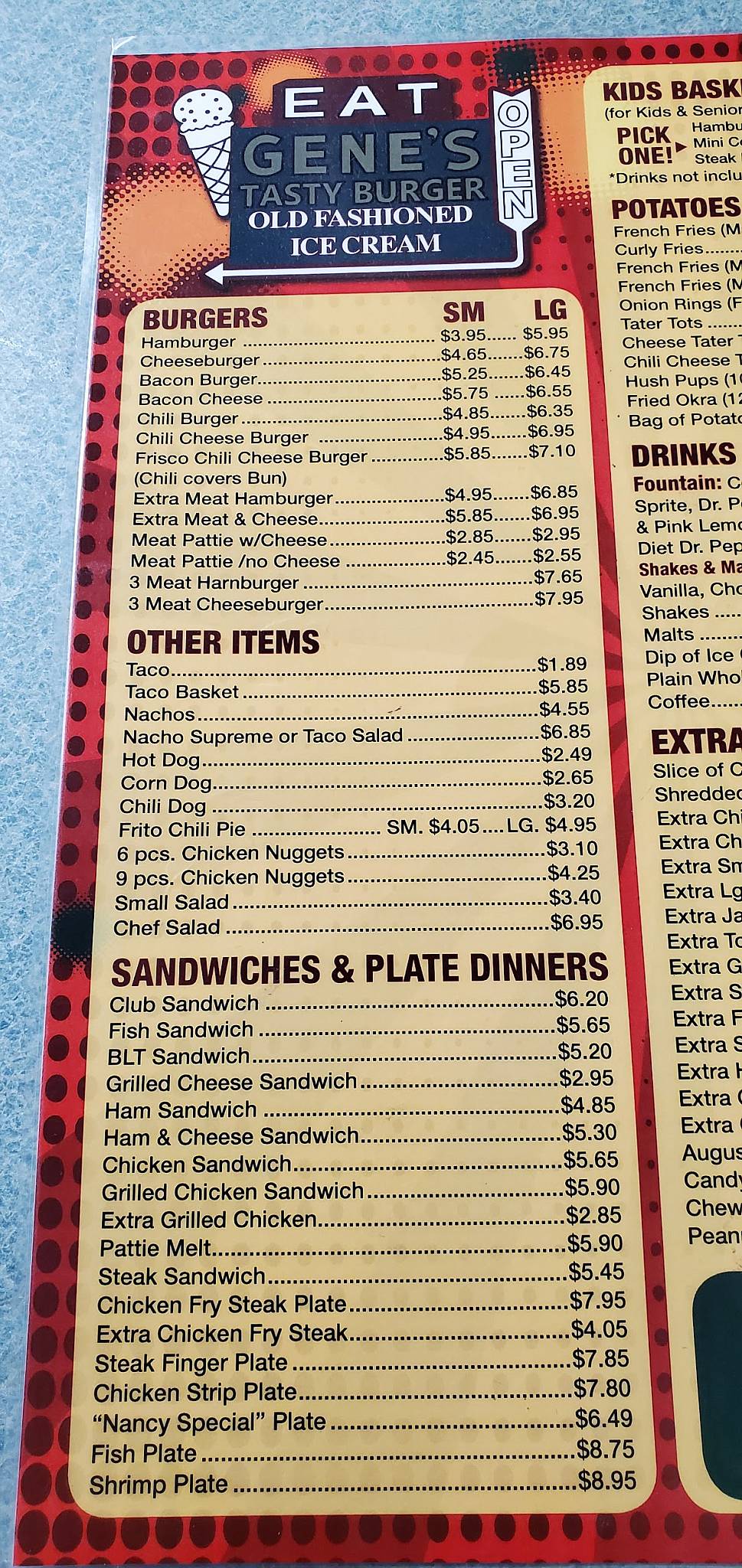Menu at Gene's Tasty Burger fast food, Wichita Falls