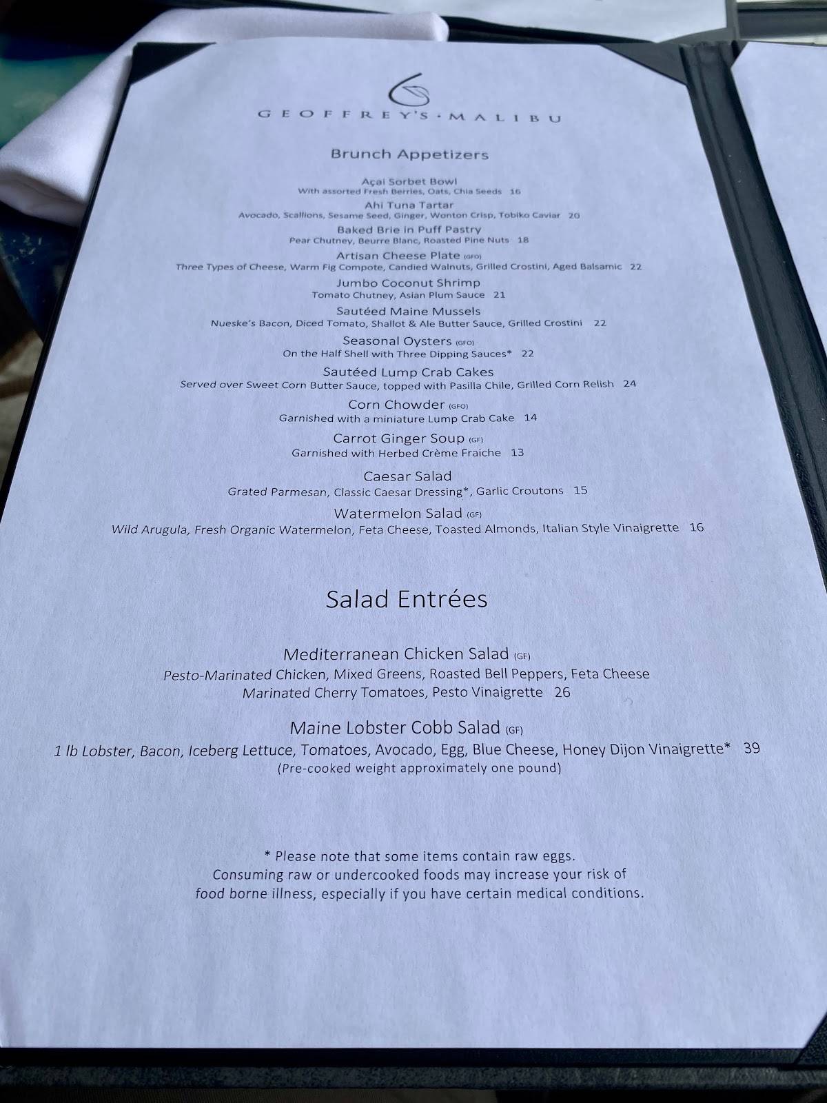 Menu at Geoffrey's restaurant, Malibu