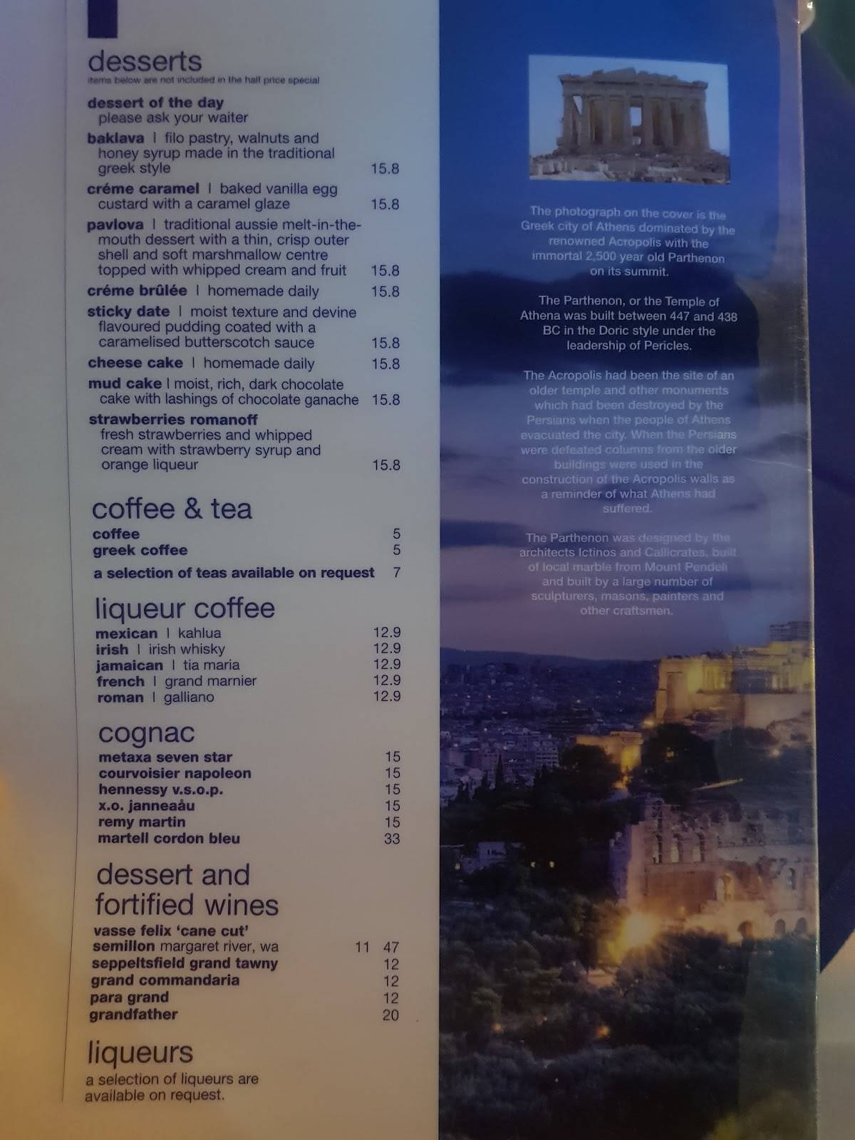 Menu at George's Paragon Coolangatta restaurant, Coolangatta, The Strand