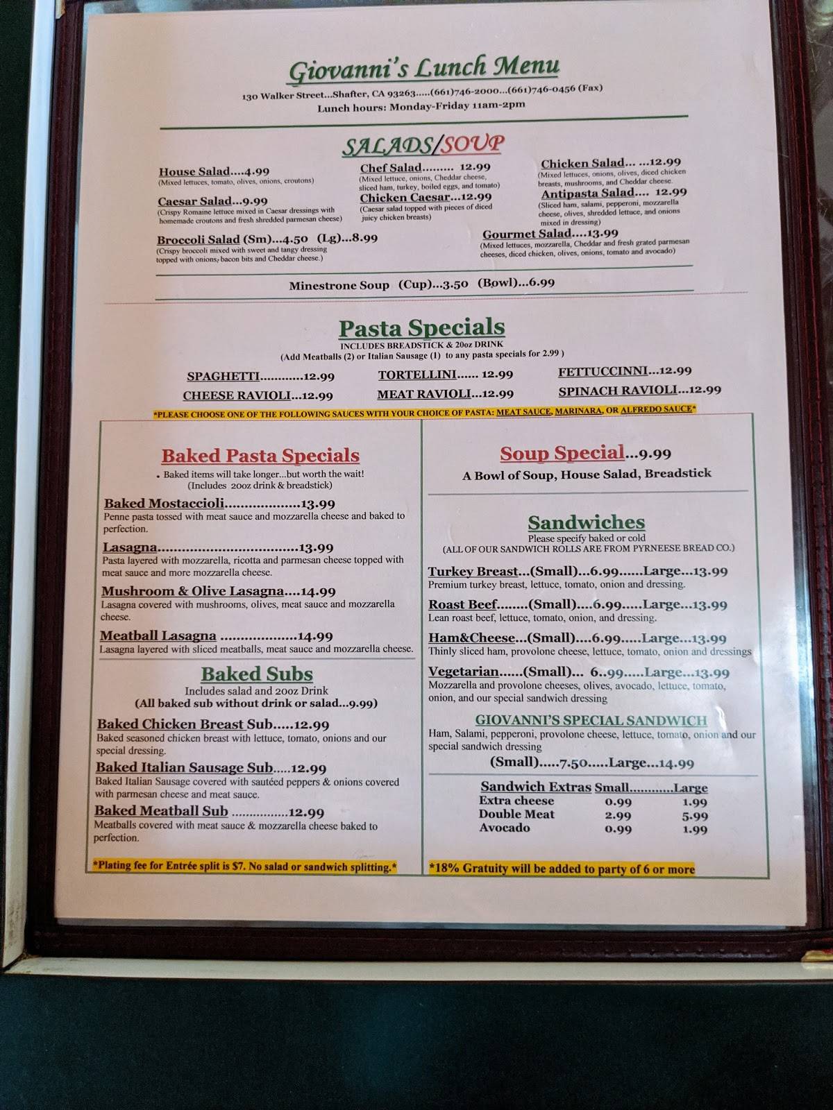 Menu at Giovanni's Italian Eatery pizzeria, Shafter