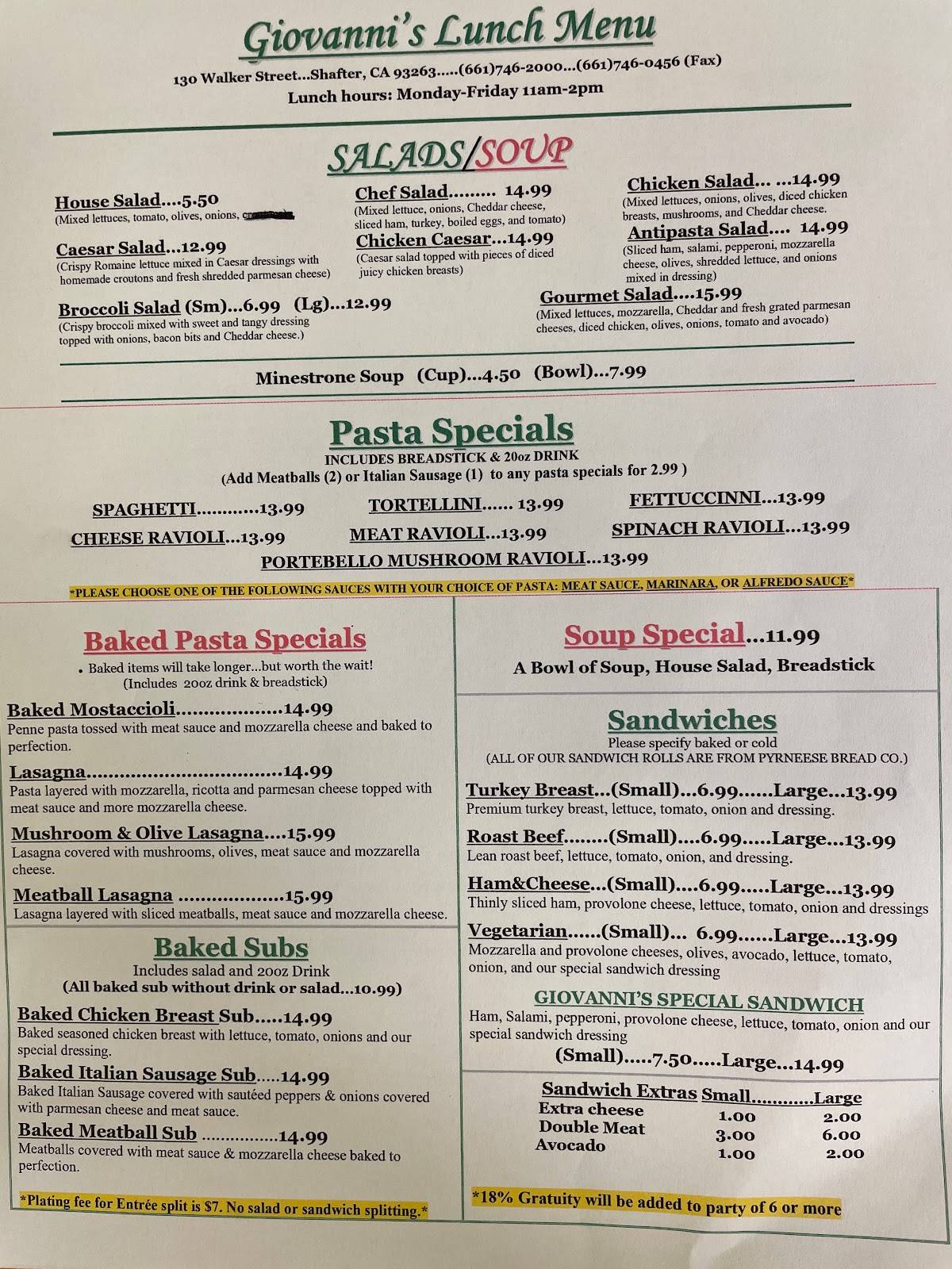 Menu at Giovanni's Italian Eatery pizzeria, Shafter