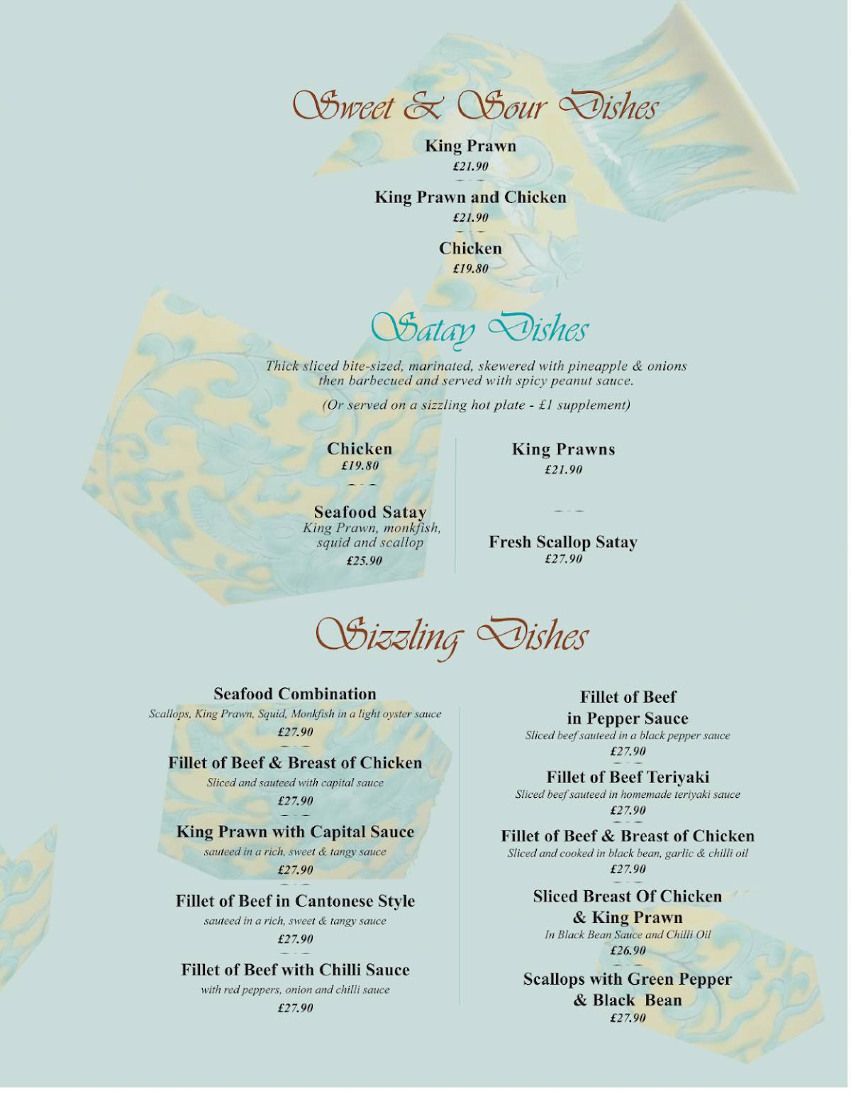 Menu at Ho Wong restaurant, Glasgow, 56 Waterloo St
