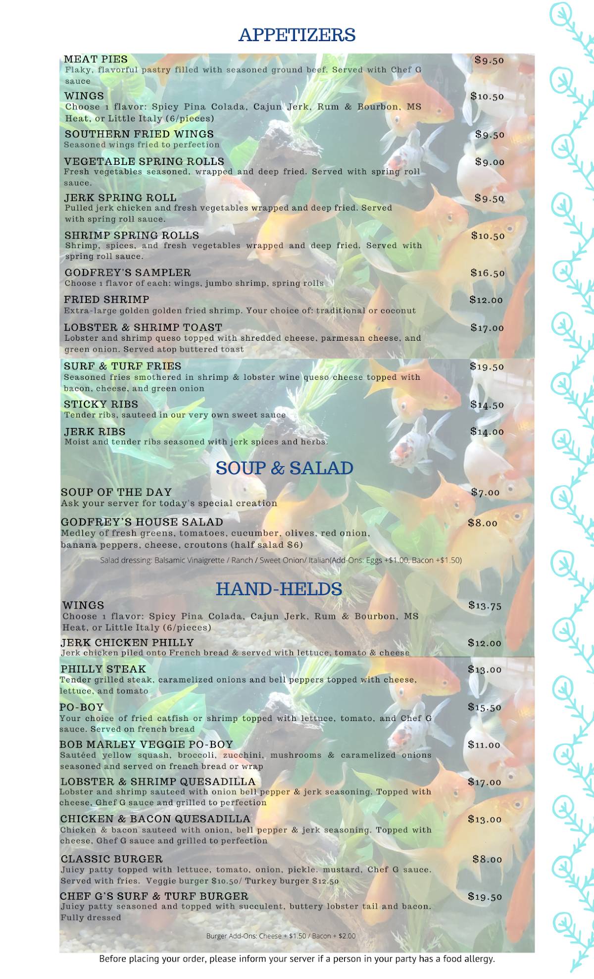 Menu at Godfrey's restaurant, Jackson, Parkway Dr