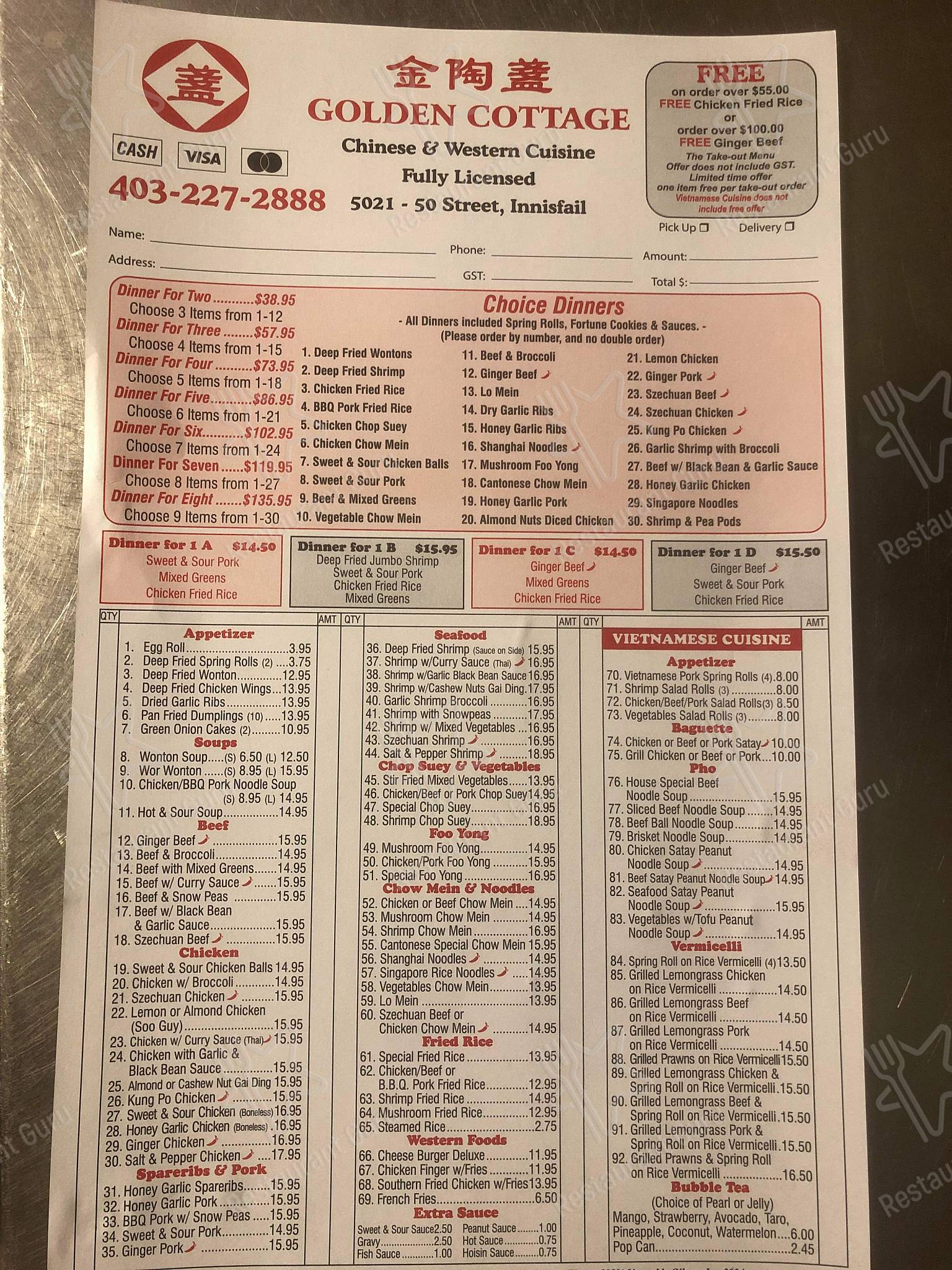 Menu at Golden Cottage restaurant, Innisfail