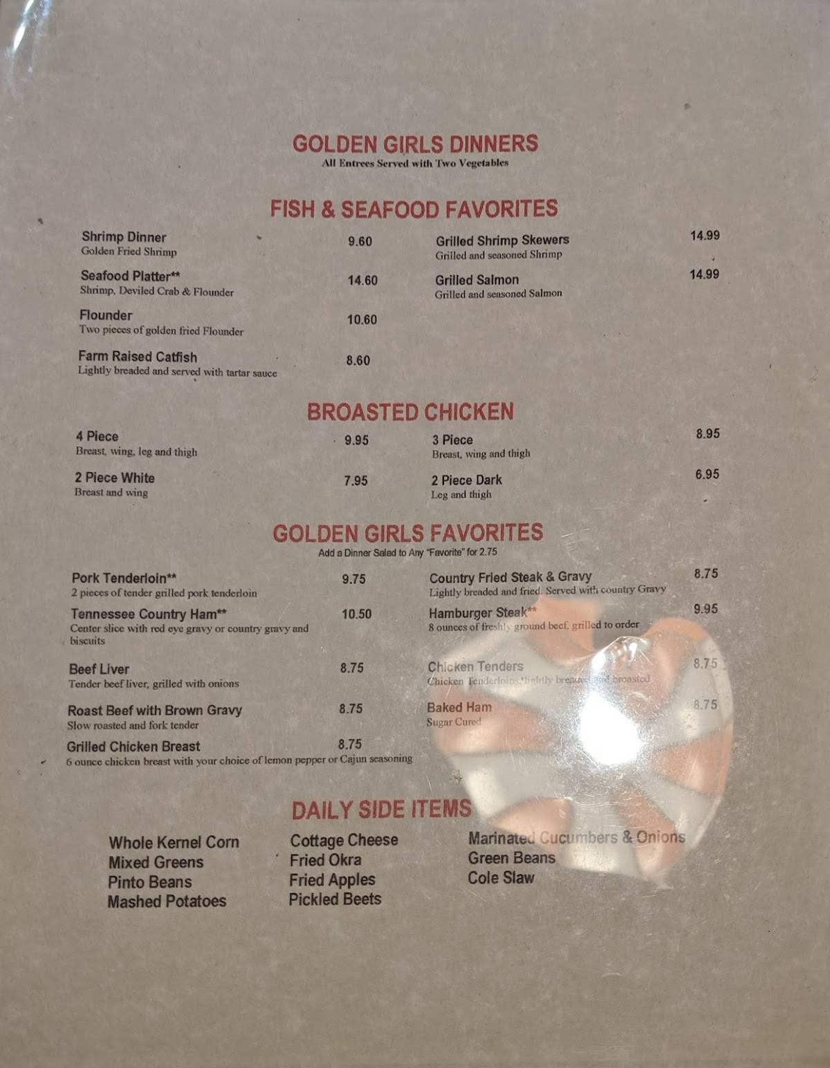 Menu at Golden Girls Restaurant, Clinton