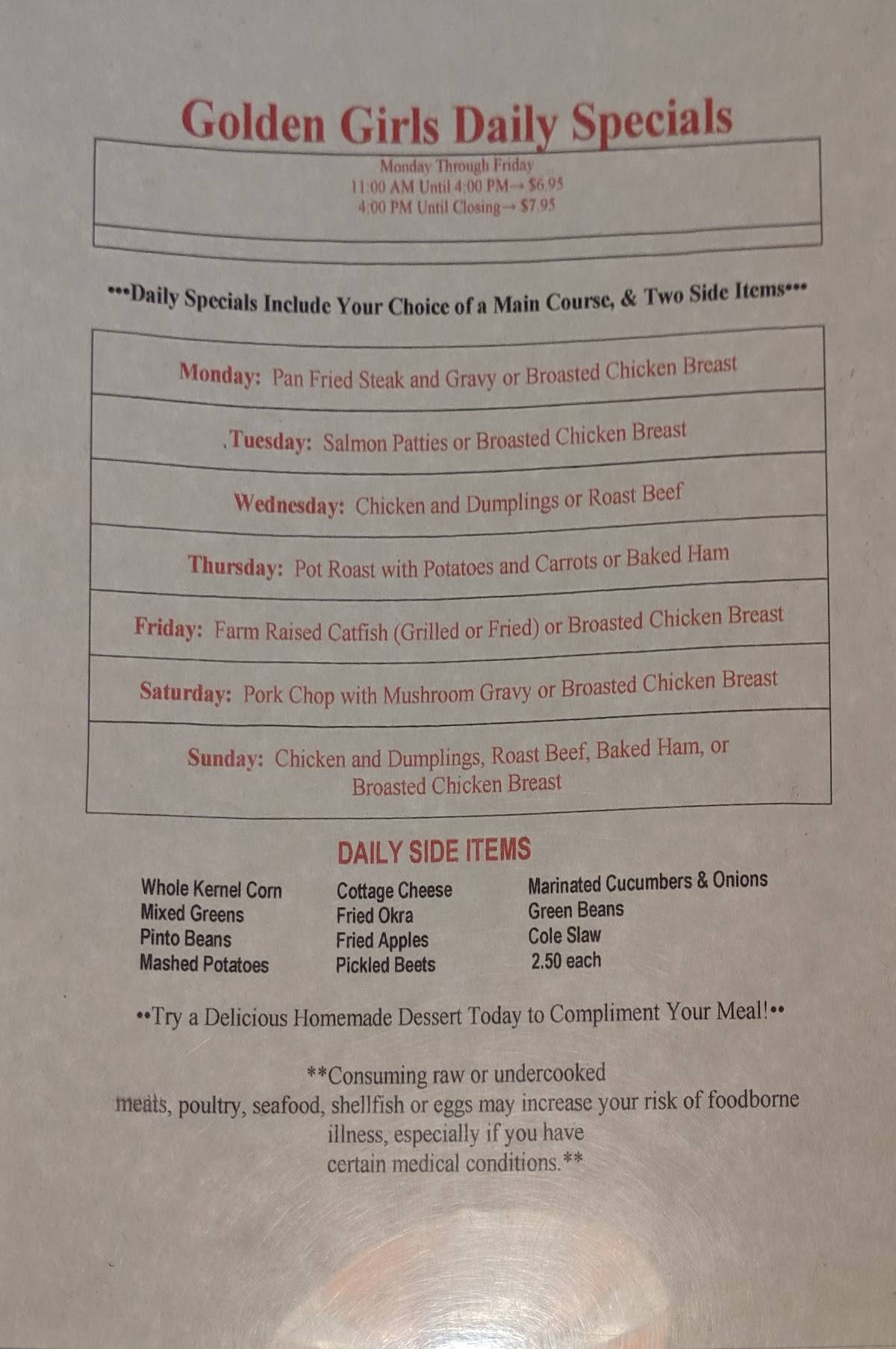 Menu at Golden Girls Restaurant, Clinton