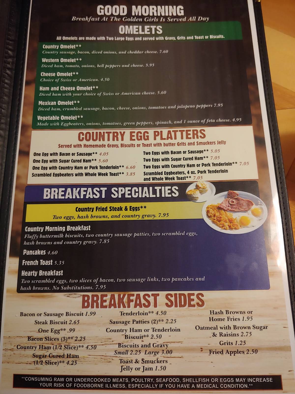 Menu at Golden Girls Restaurant, Clinton