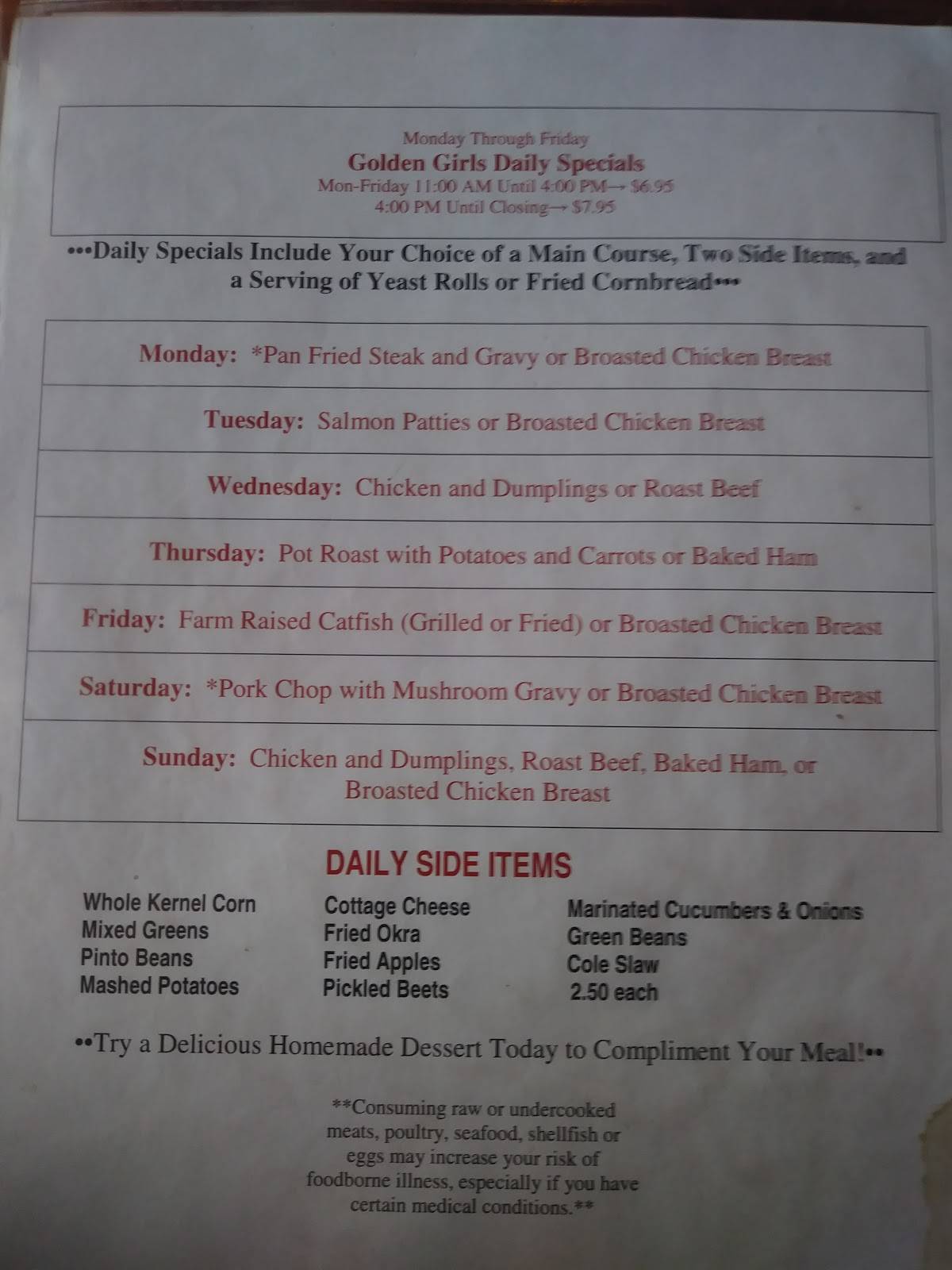 Menu at Golden Girls Restaurant, Clinton
