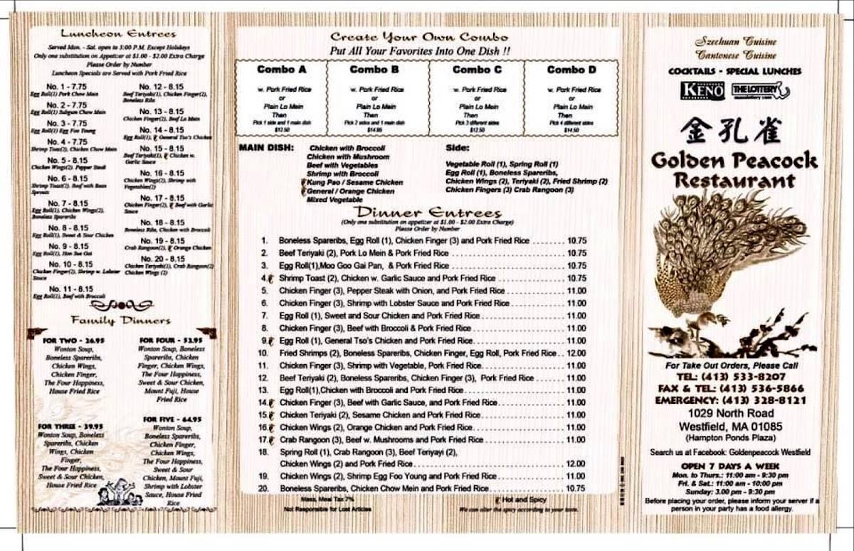 Menu at Golden Peacock restaurant, Westfield