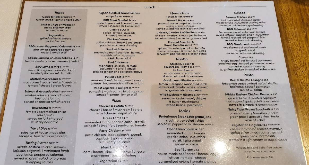 Menu at Gordon's Cafe & Bar, Melbourne