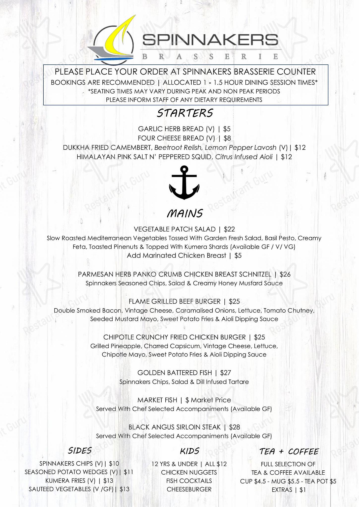 Menu at Gosford Sailing Club, Gosford, 28 Masons Parade