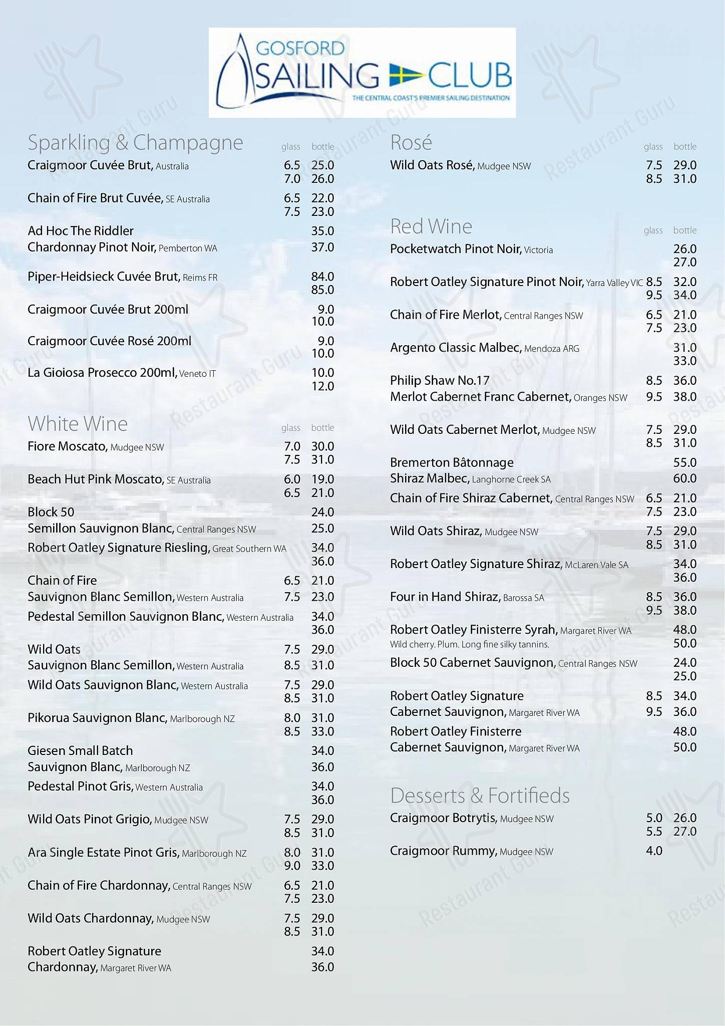 Menu at Gosford Sailing Club, Gosford, 28 Masons Parade