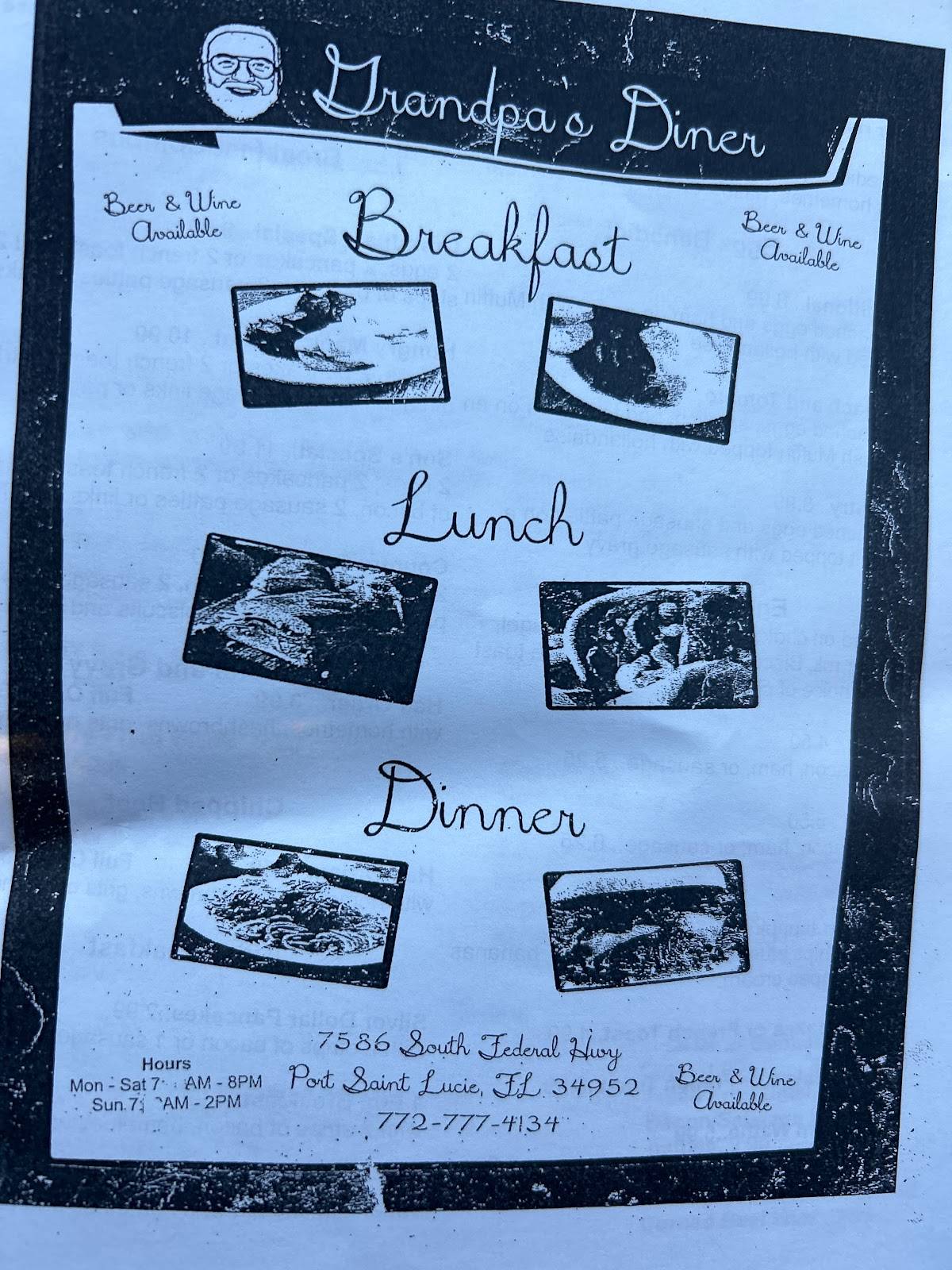Menu at Grandpa's Diner restaurant, Port St. Lucie