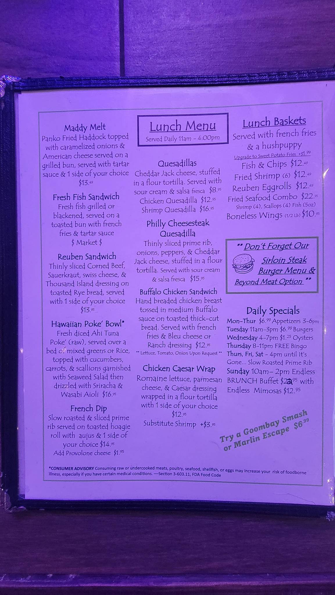 Menu at Green Marlin pub & bar, Vero Beach