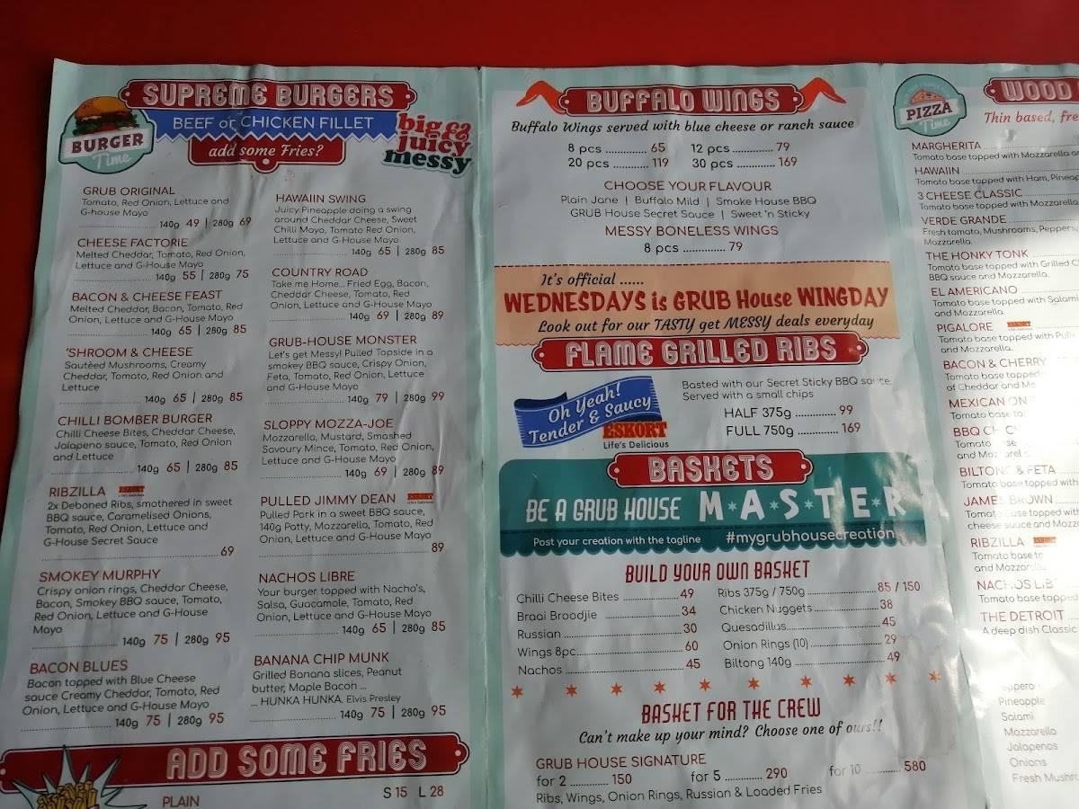 Menu at GrubHouse Diner restaurant, Trichardt