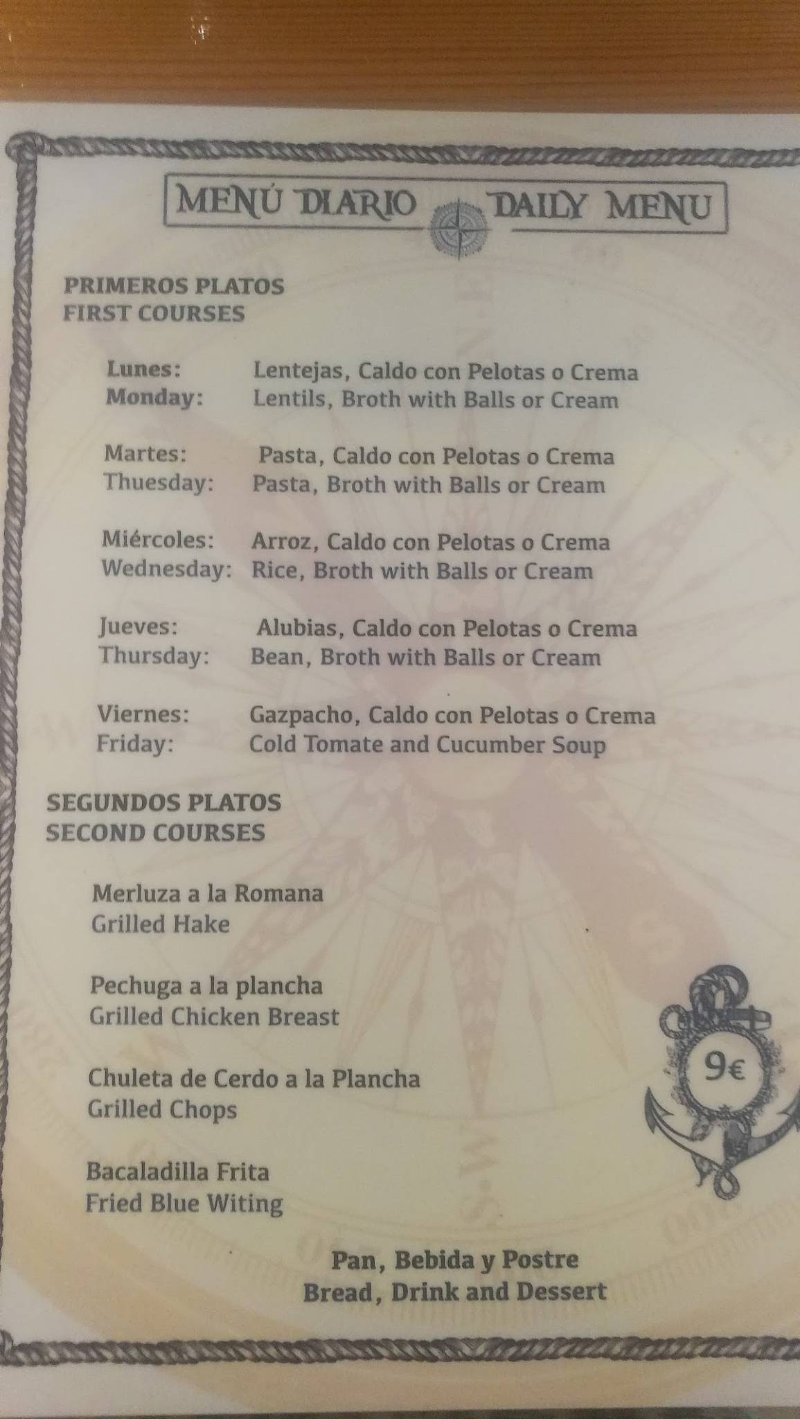 Carta del restaurante La Brújula, Guardamar del Segura