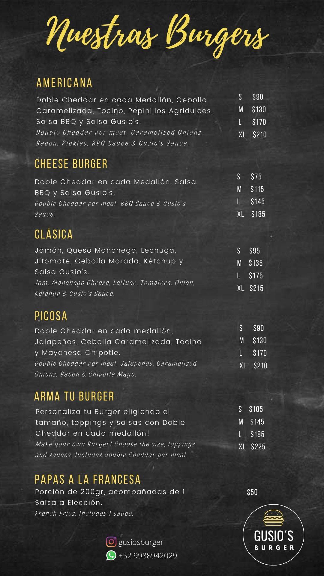 Menu at Gusio's Burger restaurant, Tulum