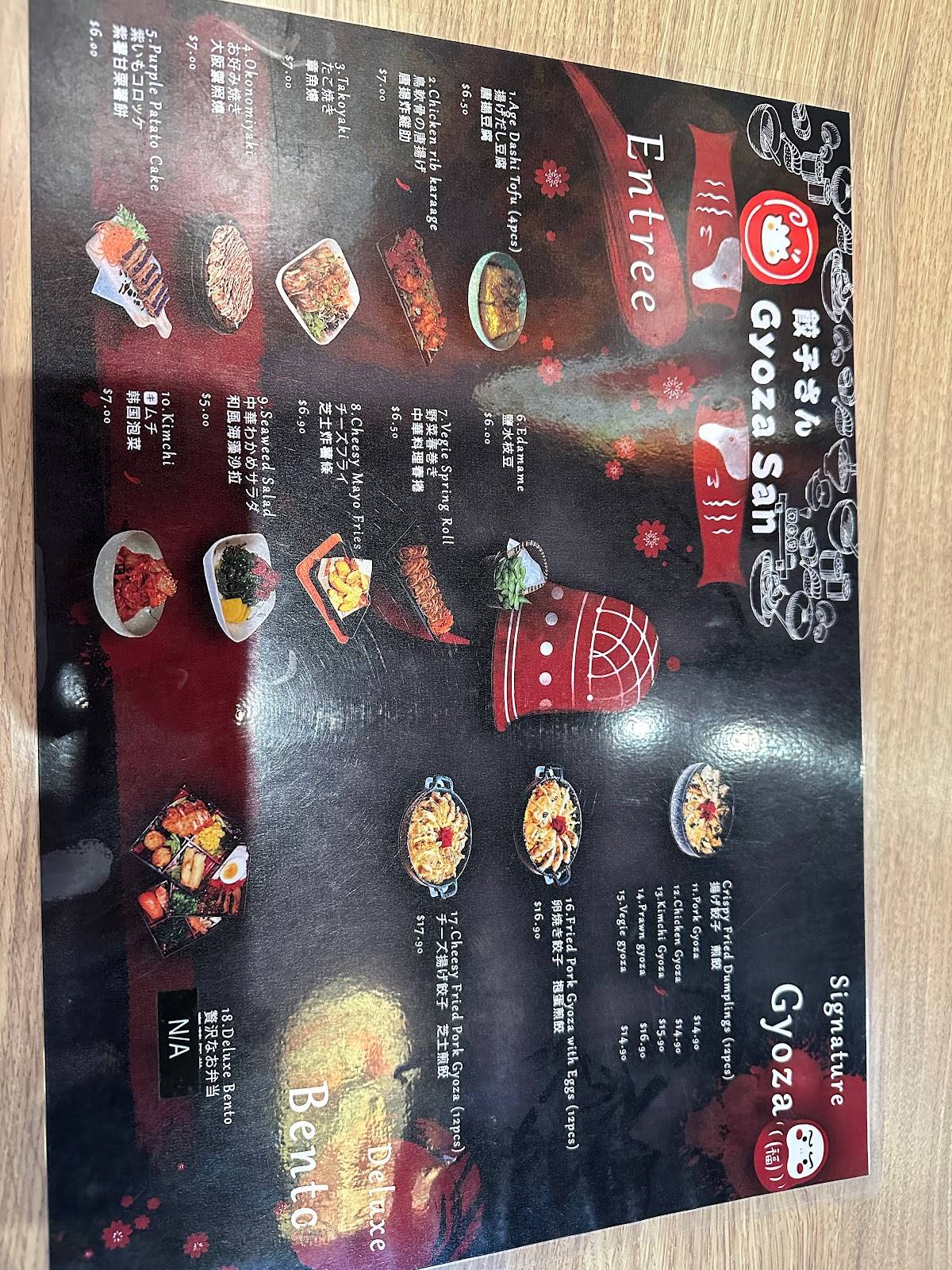 Menu at Gyoza San restaurant, Carlton