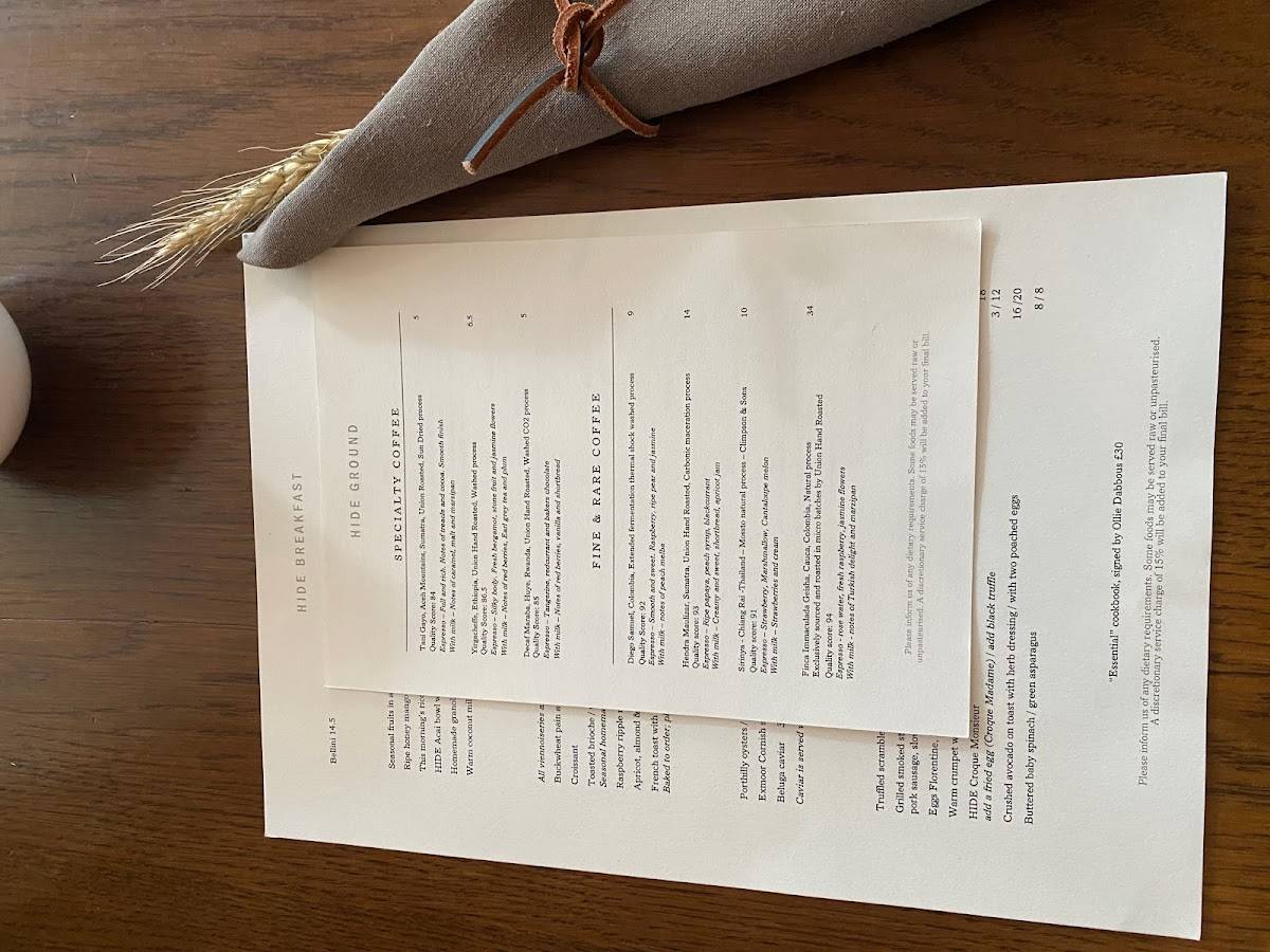 Menu at HIDE pub & bar, London, 85 Piccadilly