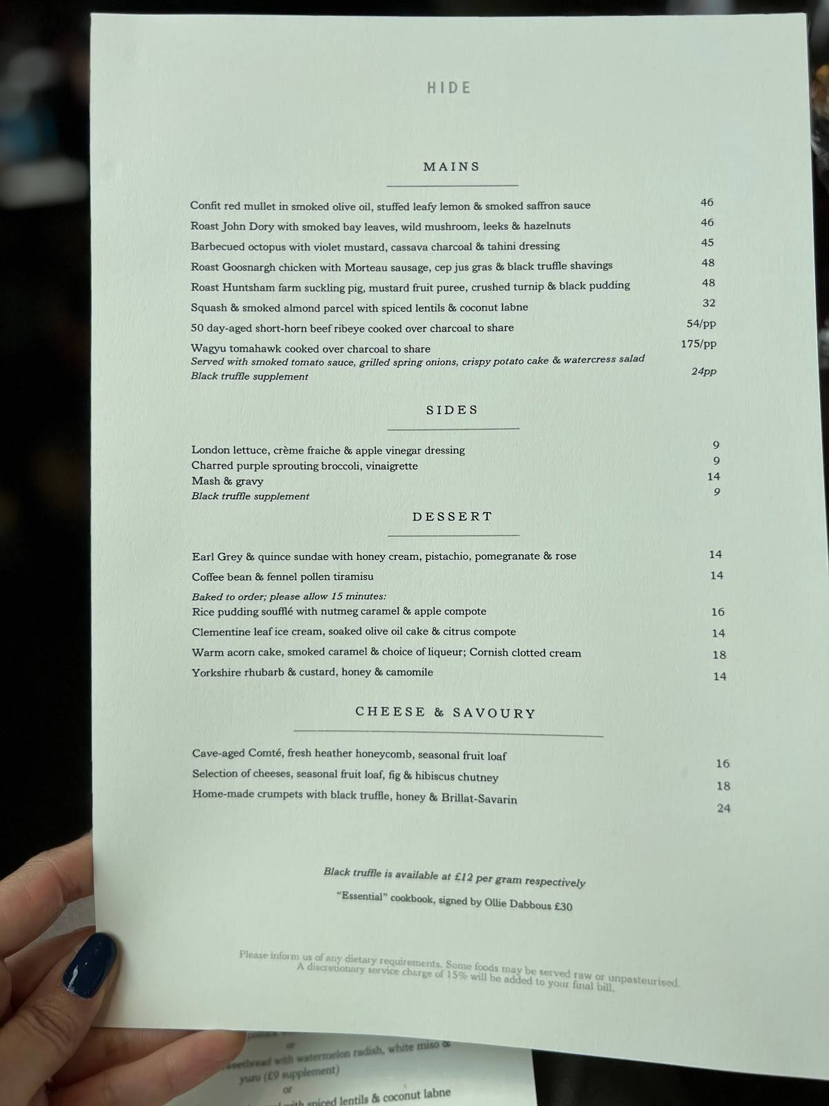 Menu at HIDE pub & bar, London, 85 Piccadilly