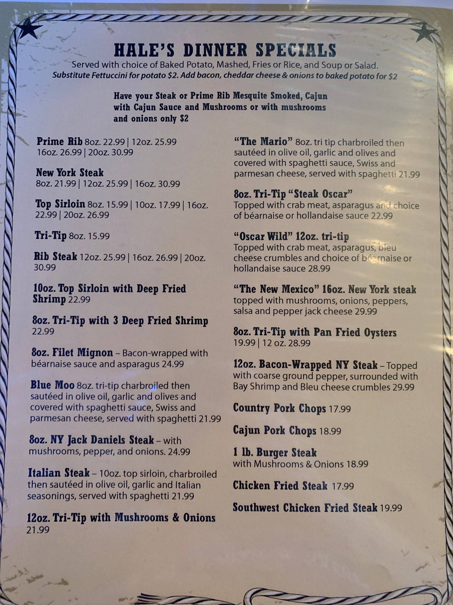 Menu at Hale's Tavern steakhouse, Hermiston