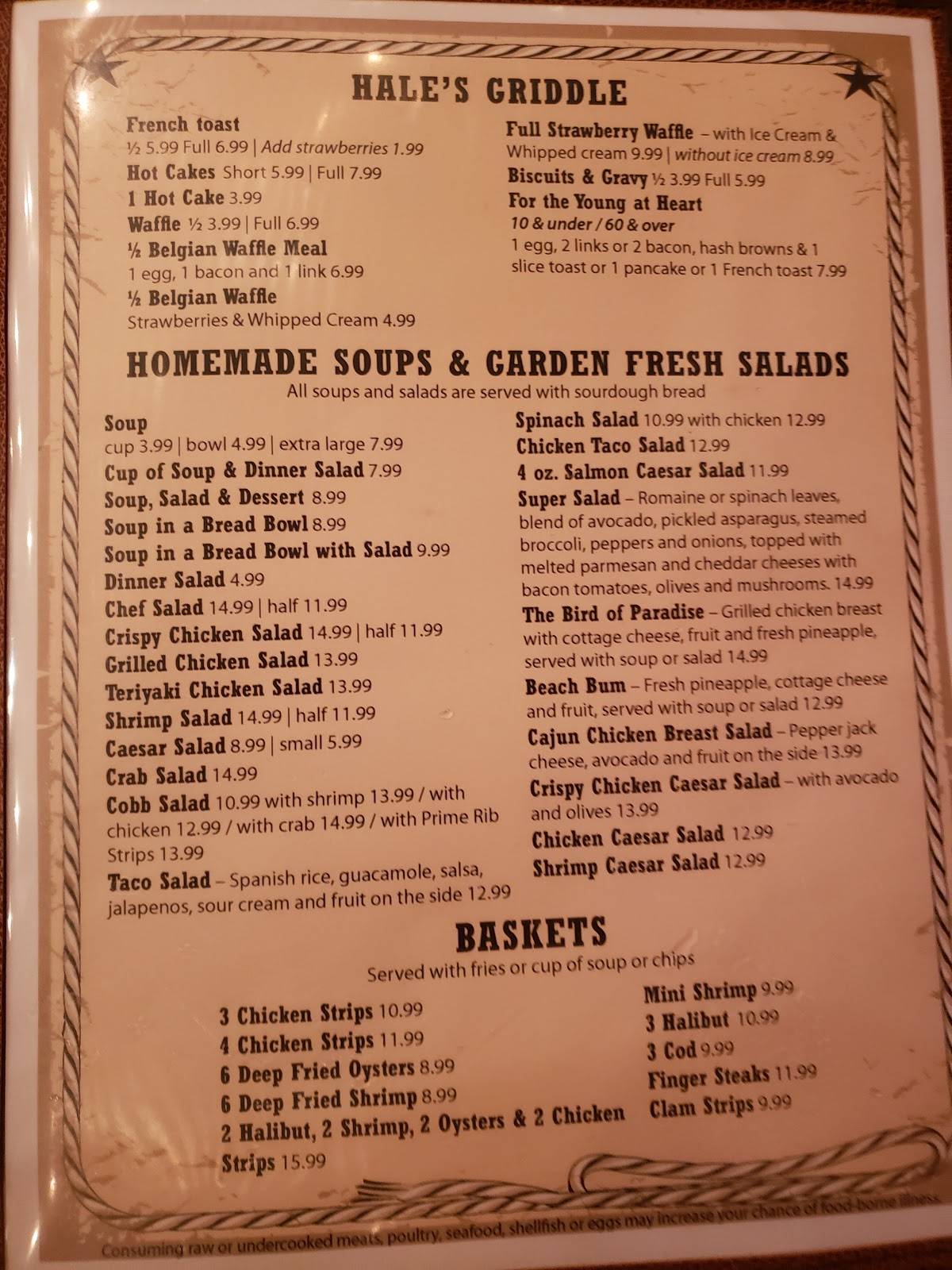 Menu at Hale's Tavern steakhouse, Hermiston