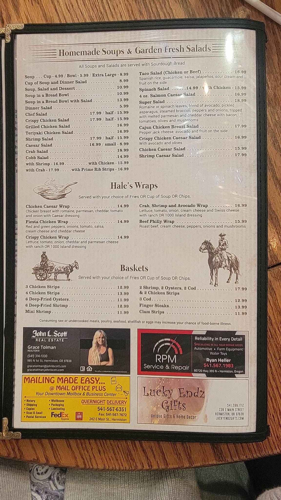 Menu at Hale's Tavern steakhouse, Hermiston