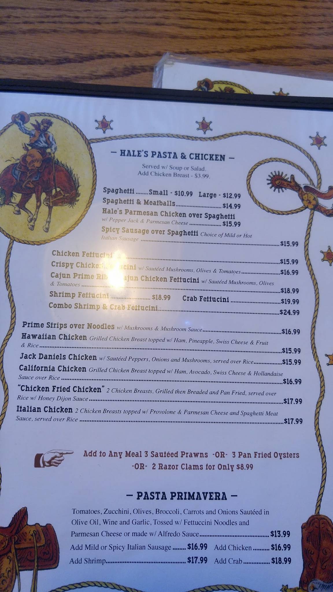 Menu at Hale's Tavern steakhouse, Hermiston