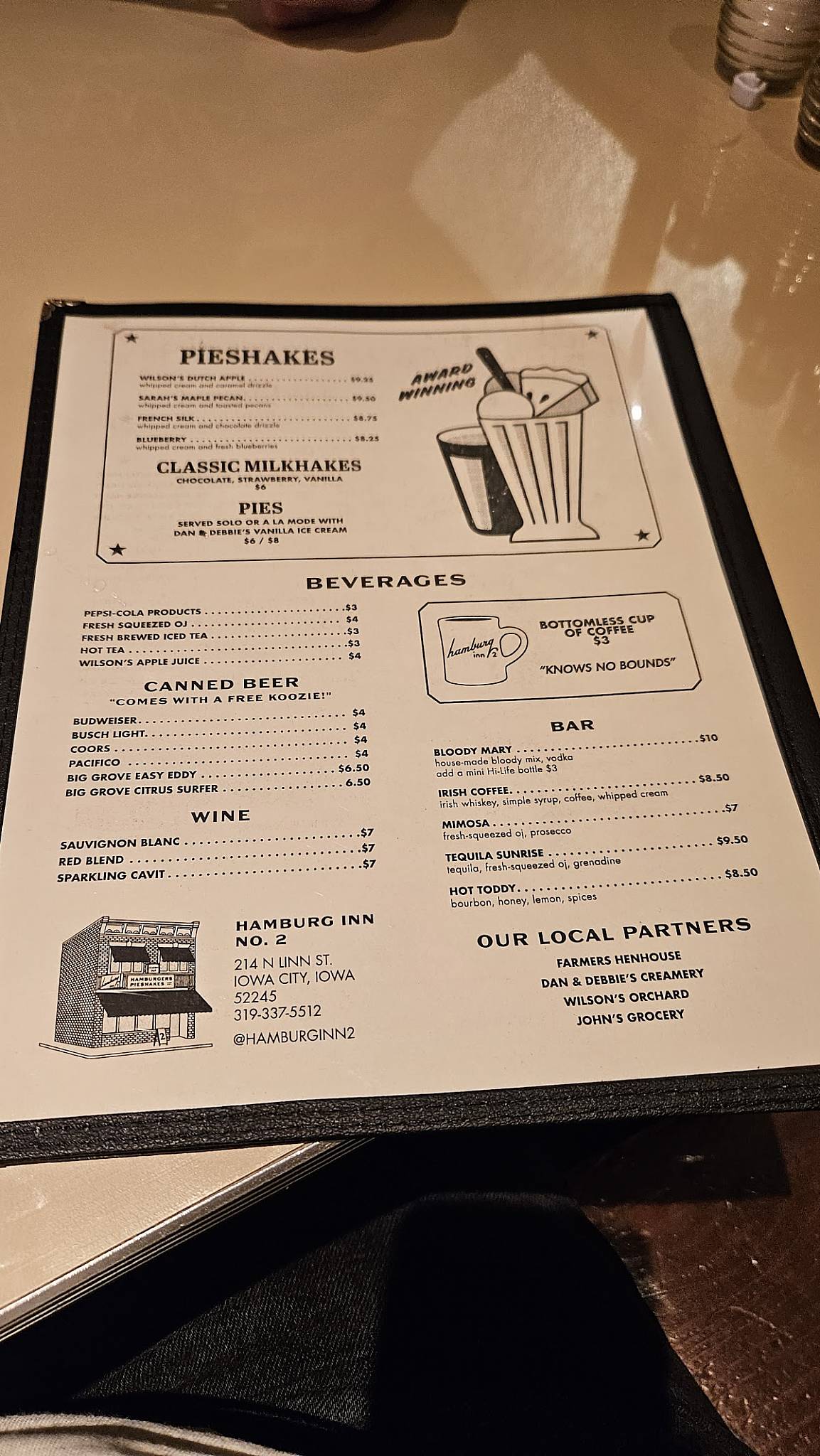 Menu at Hamburg Inn No. 2 restaurant, Iowa City