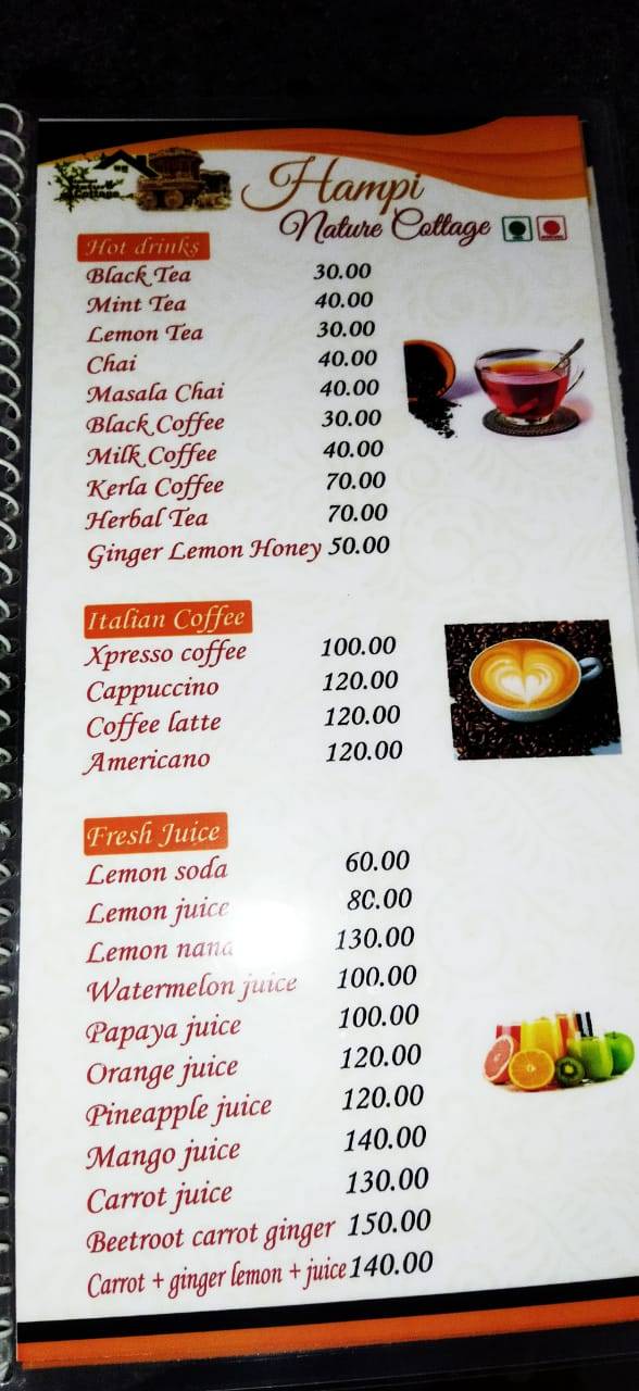 Menu at Hampi Nature Cottage, Hampi