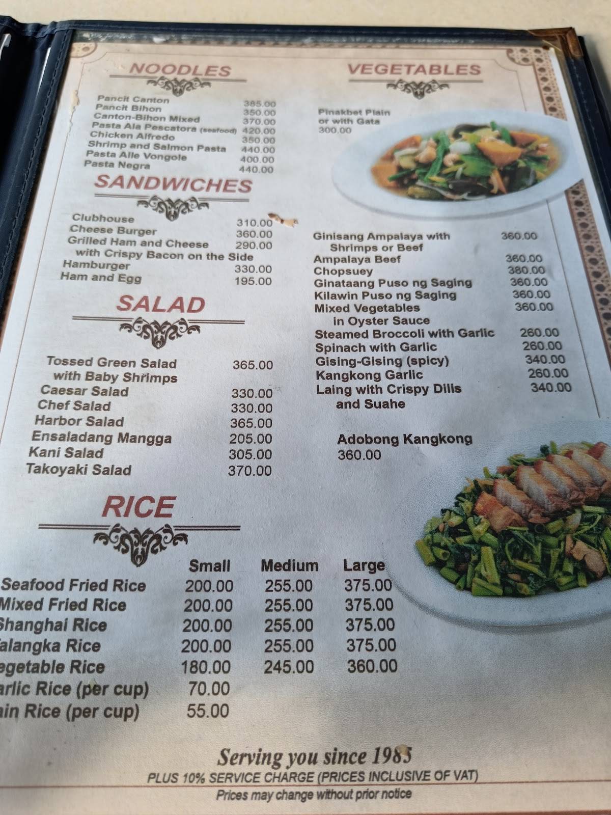 Menu at Harbor View Restaurant, Manila, South Dr