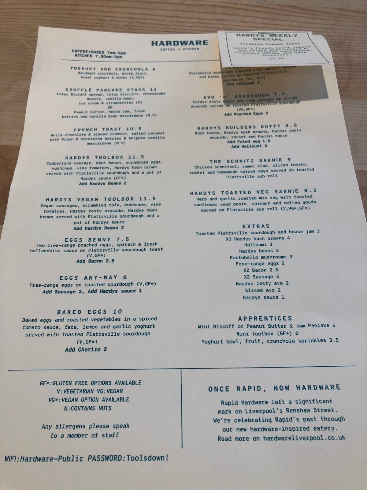 Menu at Hardware Coffee + Kitchen restaurant, Liverpool