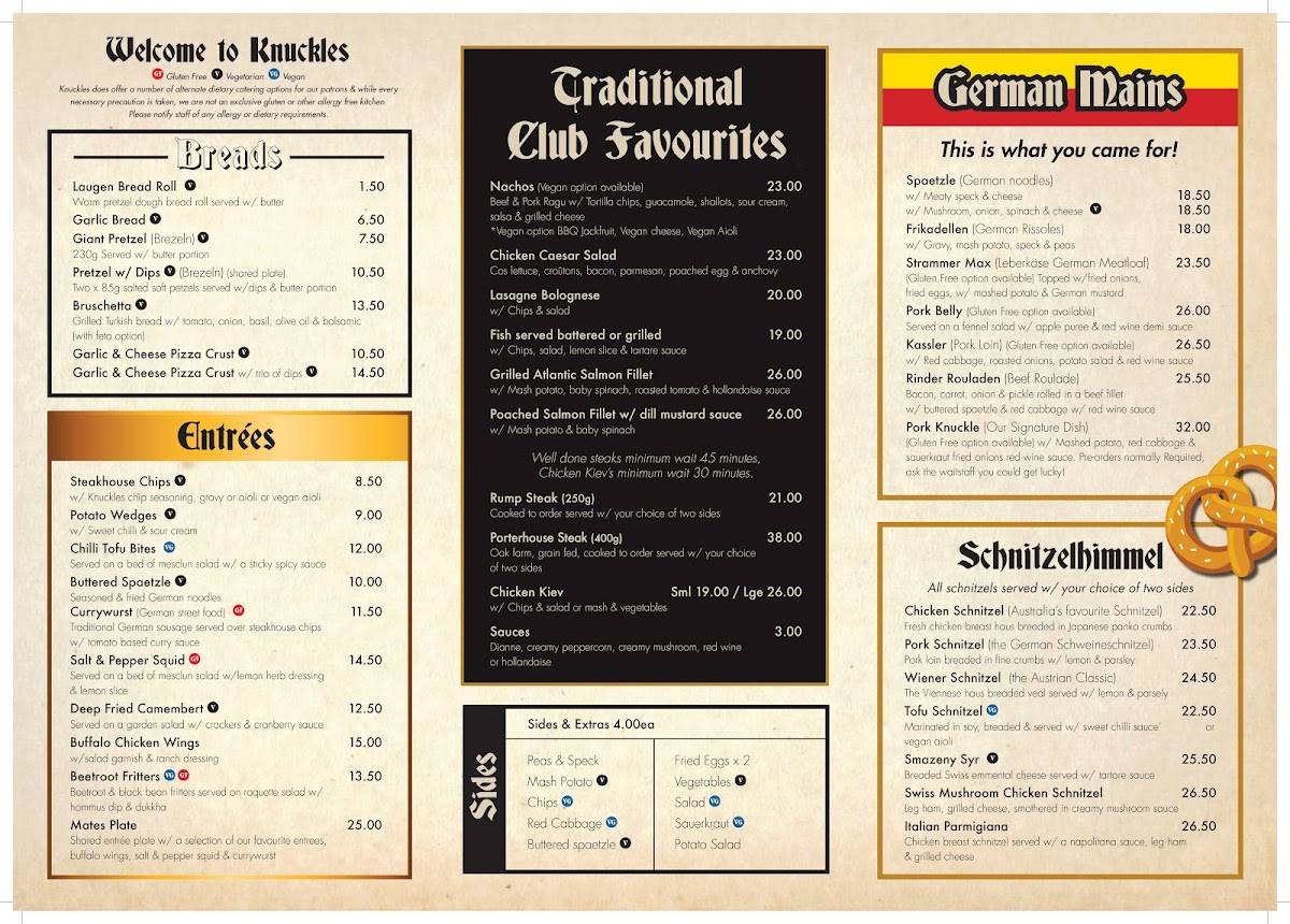 Menu at Harmonie German Club, Narrabundah