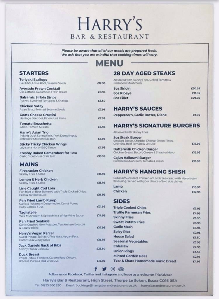 Menu at Harry's Bar & Restaurant, Thorpe-le-Soken, Clacton-on-Sea