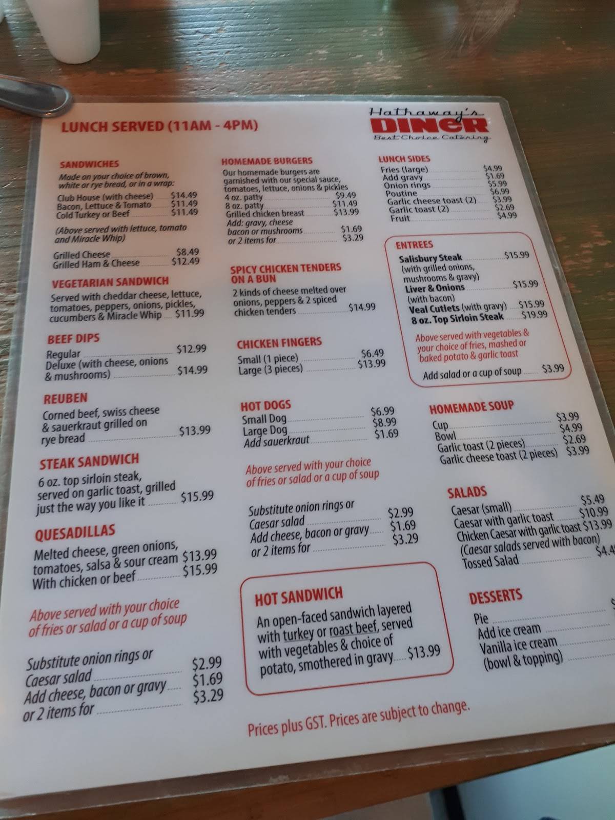 Menu at Hathaway's Diner cafe, Edmonton