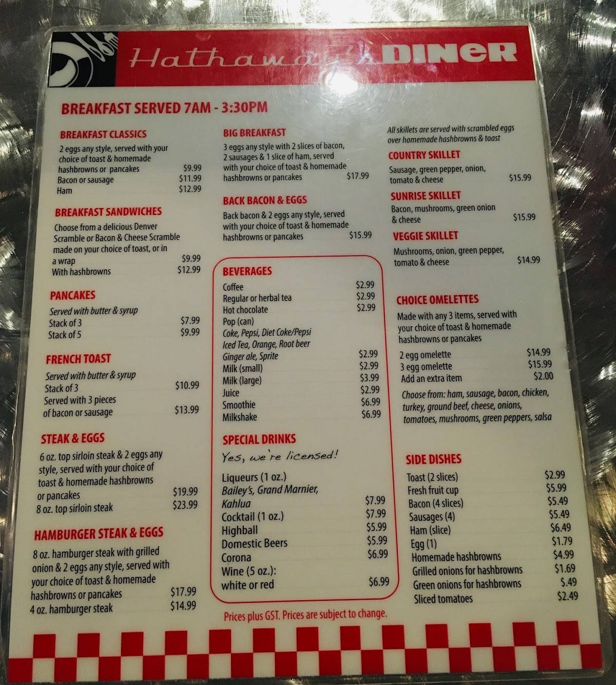 Menu at Hathaway's Diner cafe, Edmonton