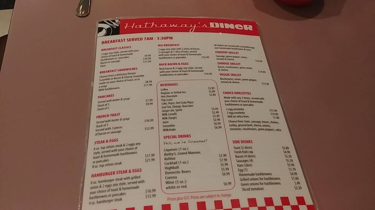 Menu at Hathaway's Diner cafe, Edmonton