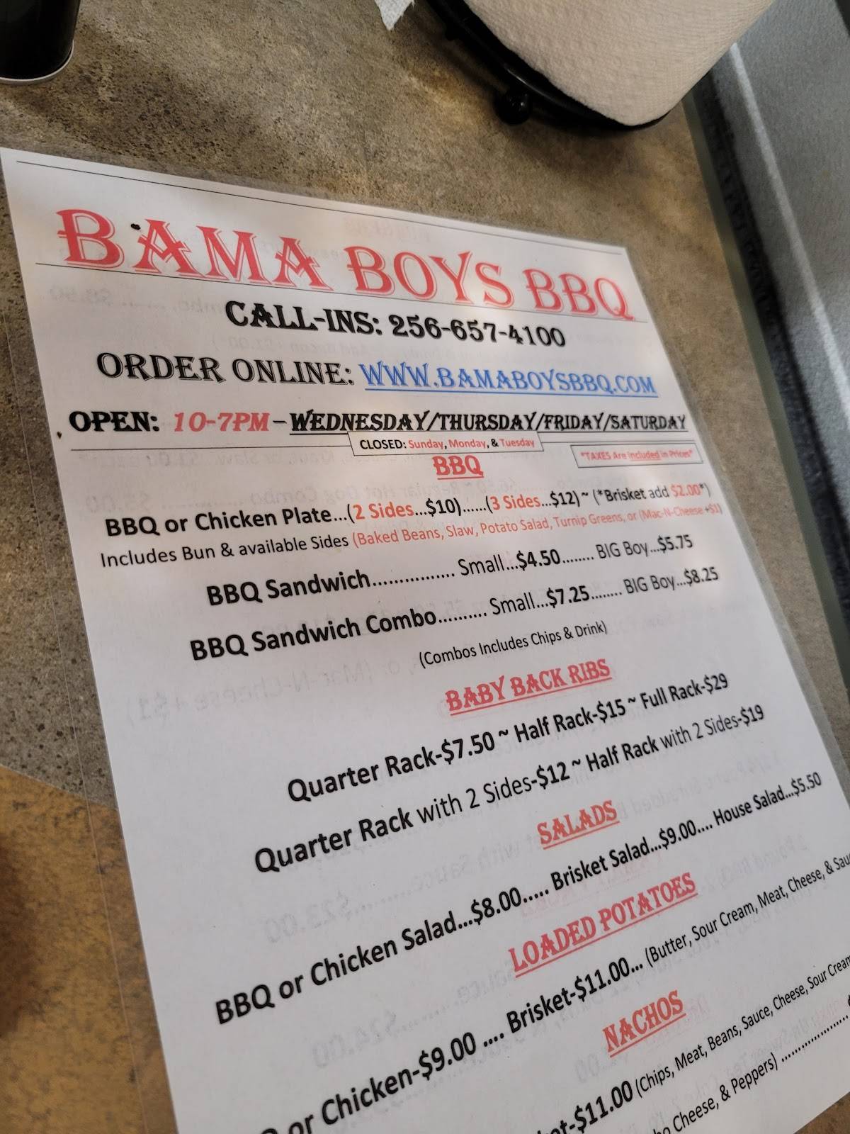 Menu at Bama Boys BBQ, Henagar