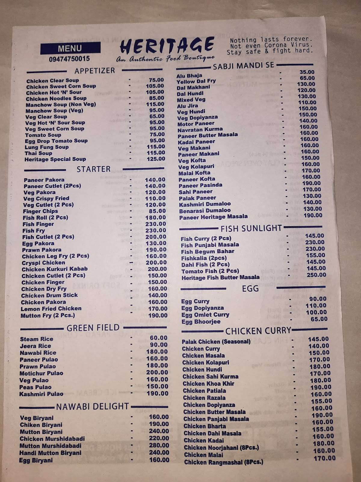 Menu at Heritage, Berhampore