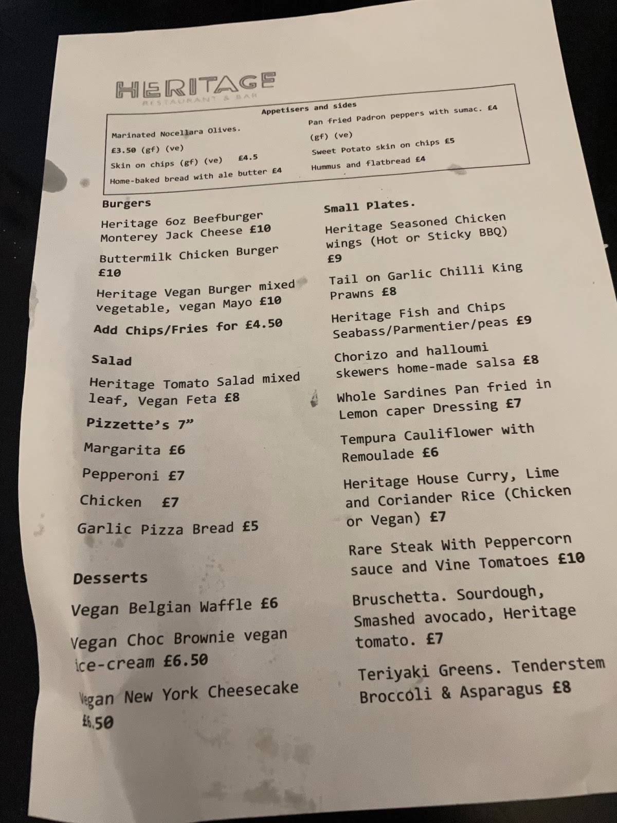 Menu at Heritage Restaurant And Bar, Liverpool