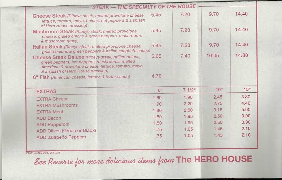 Menu at Hero House restaurant, Wooster