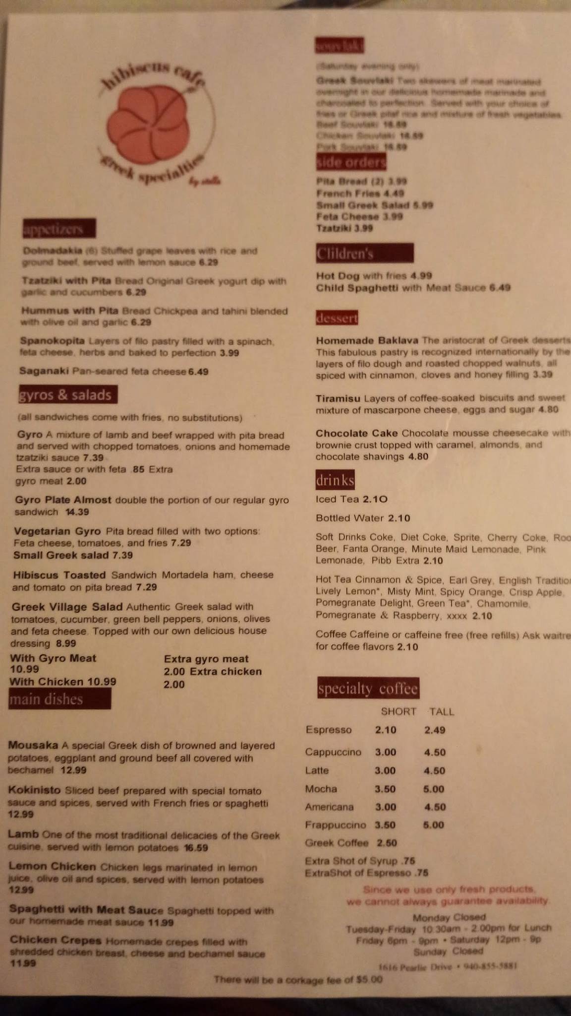 Menu at Hibiscus Cafe, Wichita Falls