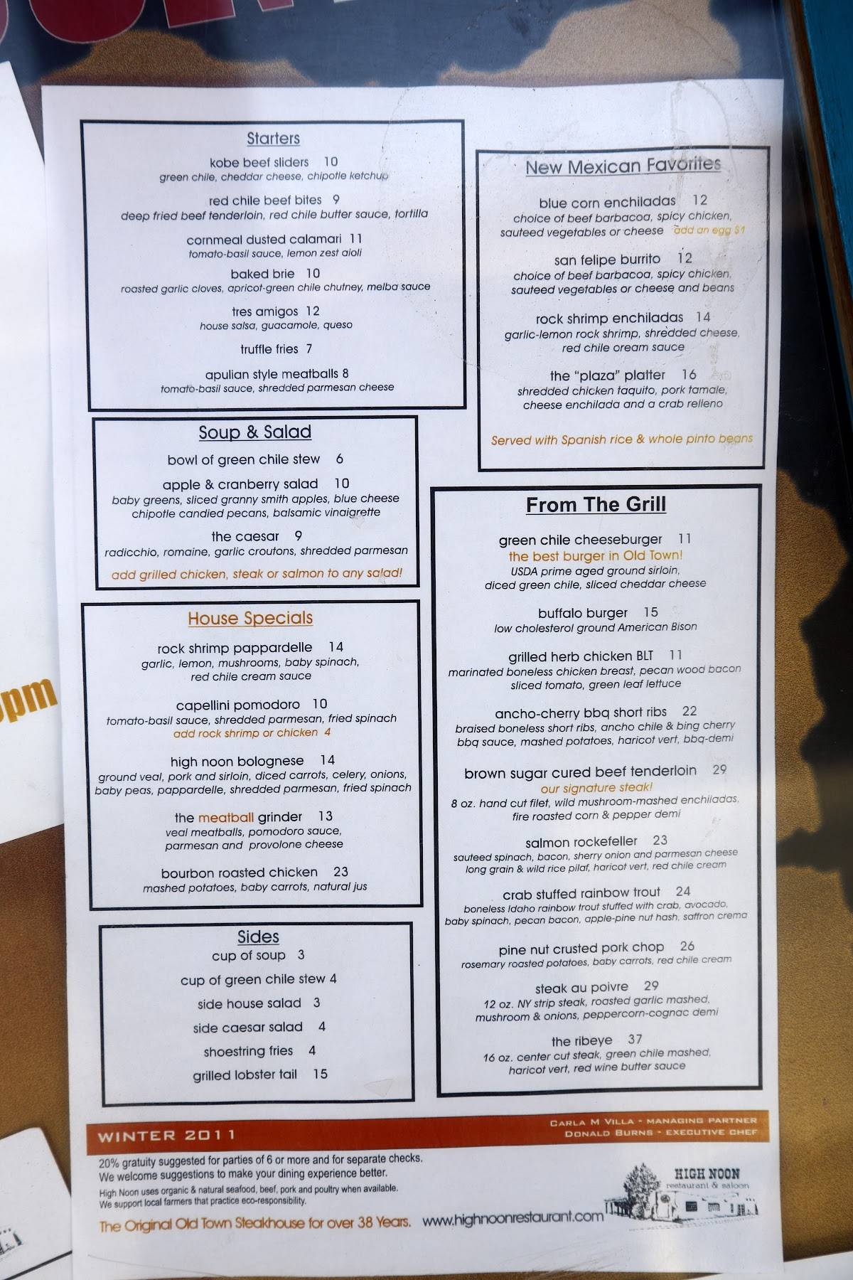 Menu at High Noon Restaurant & Saloon, Albuquerque