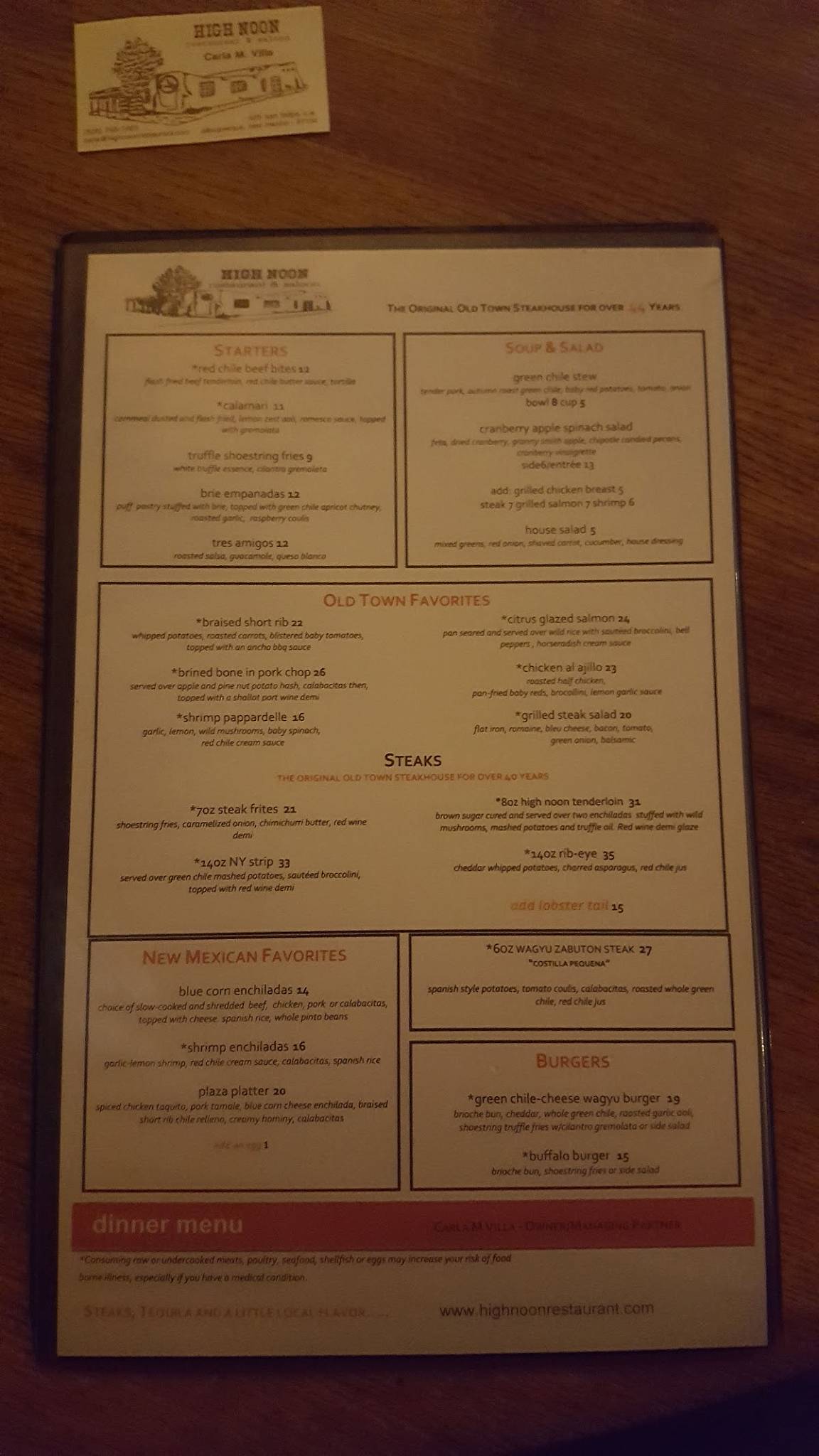 Menu at High Noon Restaurant & Saloon, Albuquerque