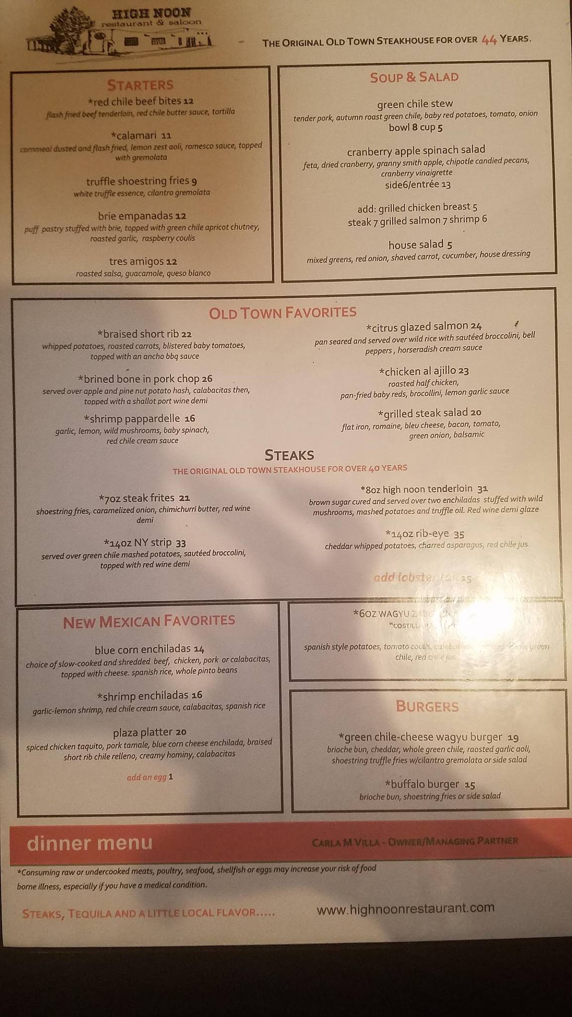 Menu at High Noon Restaurant & Saloon, Albuquerque